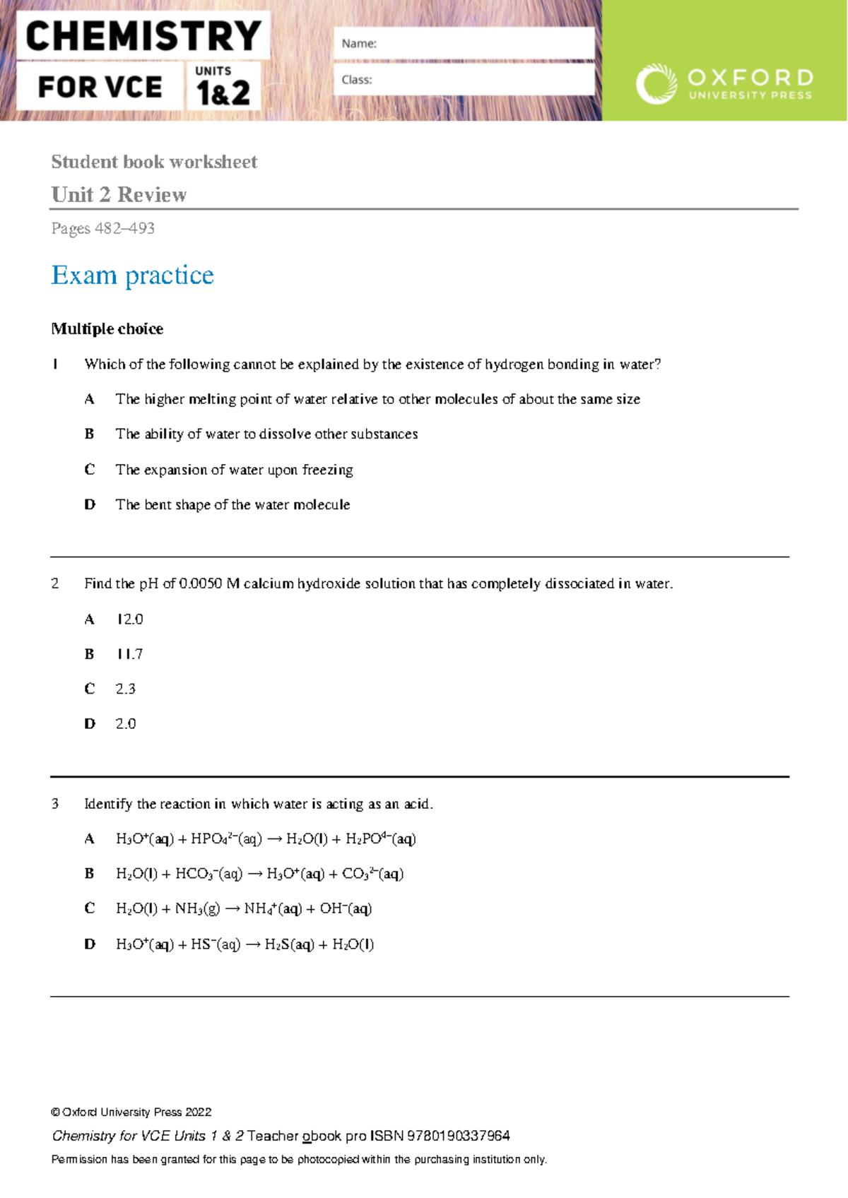 CHEM U12 Unit 2 review Exam practice questions - © Oxford University ...