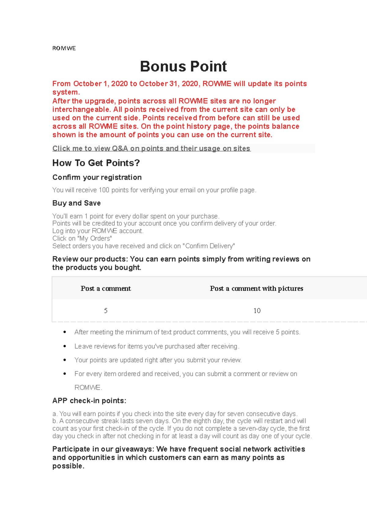Romwe - pdf - ROMWE Bonus Point From October 1, 2020 to October 31 ...