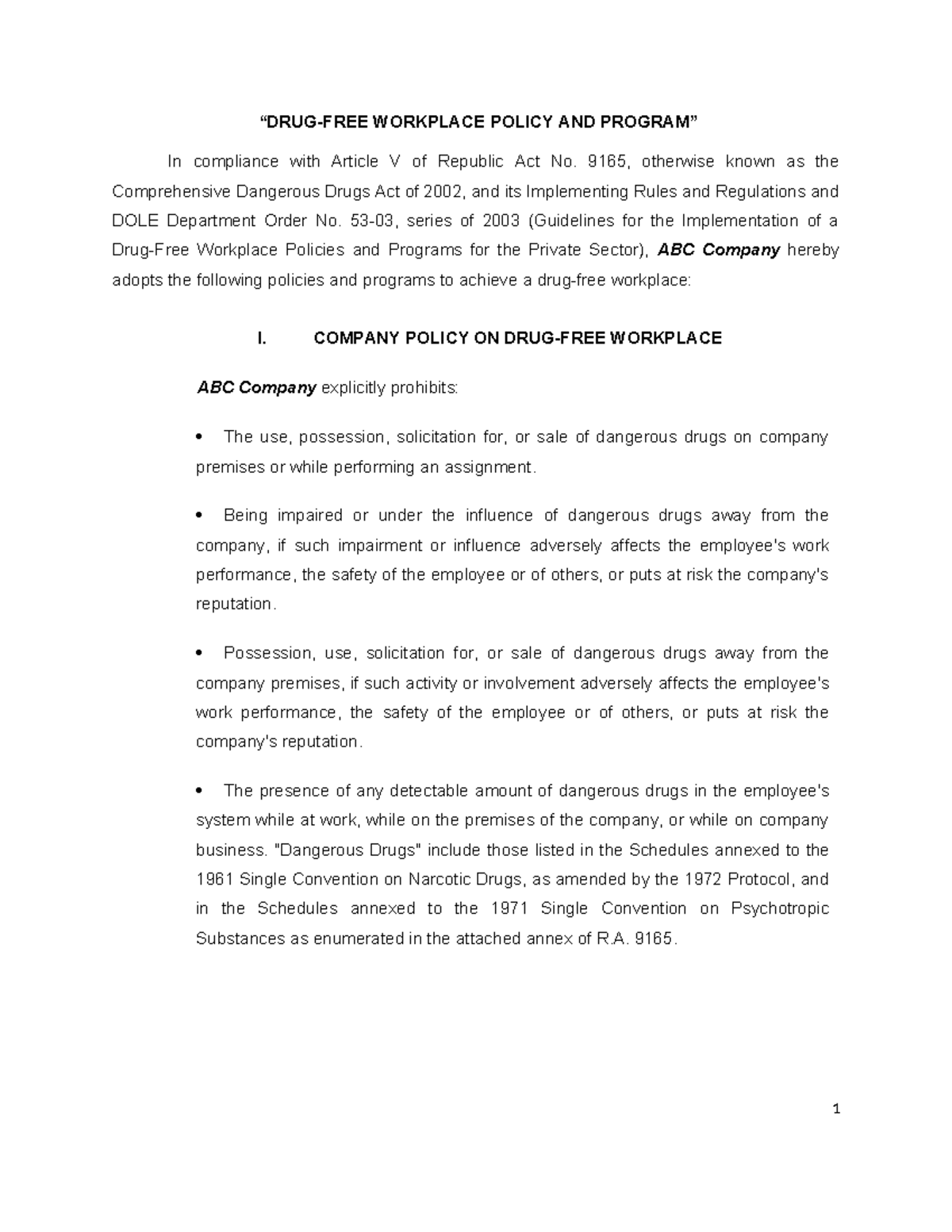 Aa DRUG-FREE workplace policy & program - “DRUG-FREE WORKPLACE POLICY ...