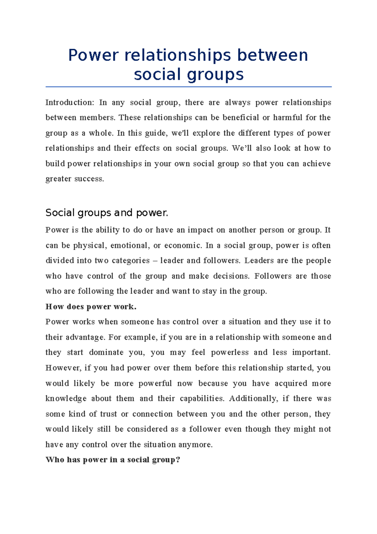 Power relationships between social groups - Power relationships between ...