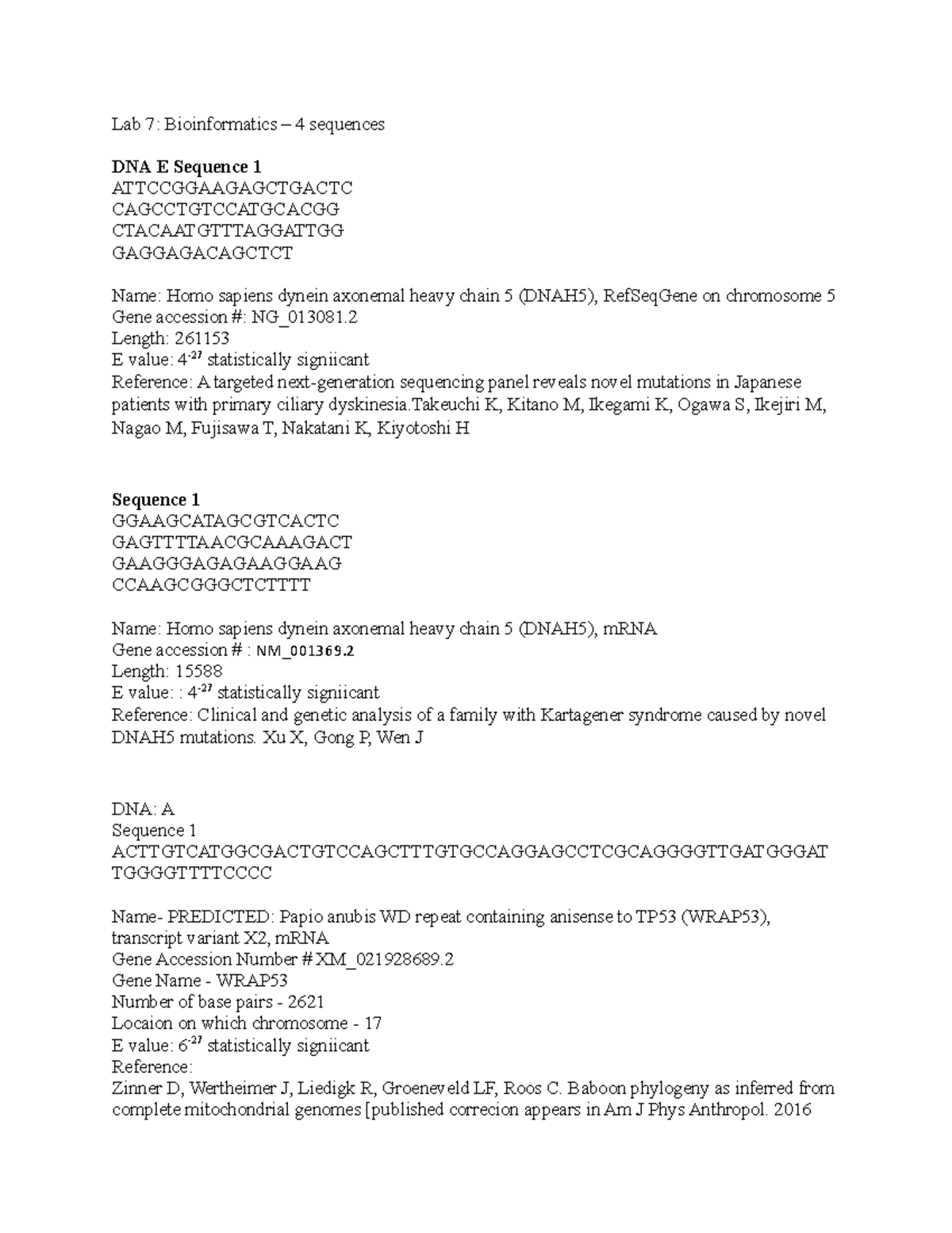 LAB 7 results 4 seq - lab 7 bioinformatics - Lab 7: Bioinformatics – 4 sequences DNA E Sequence ...