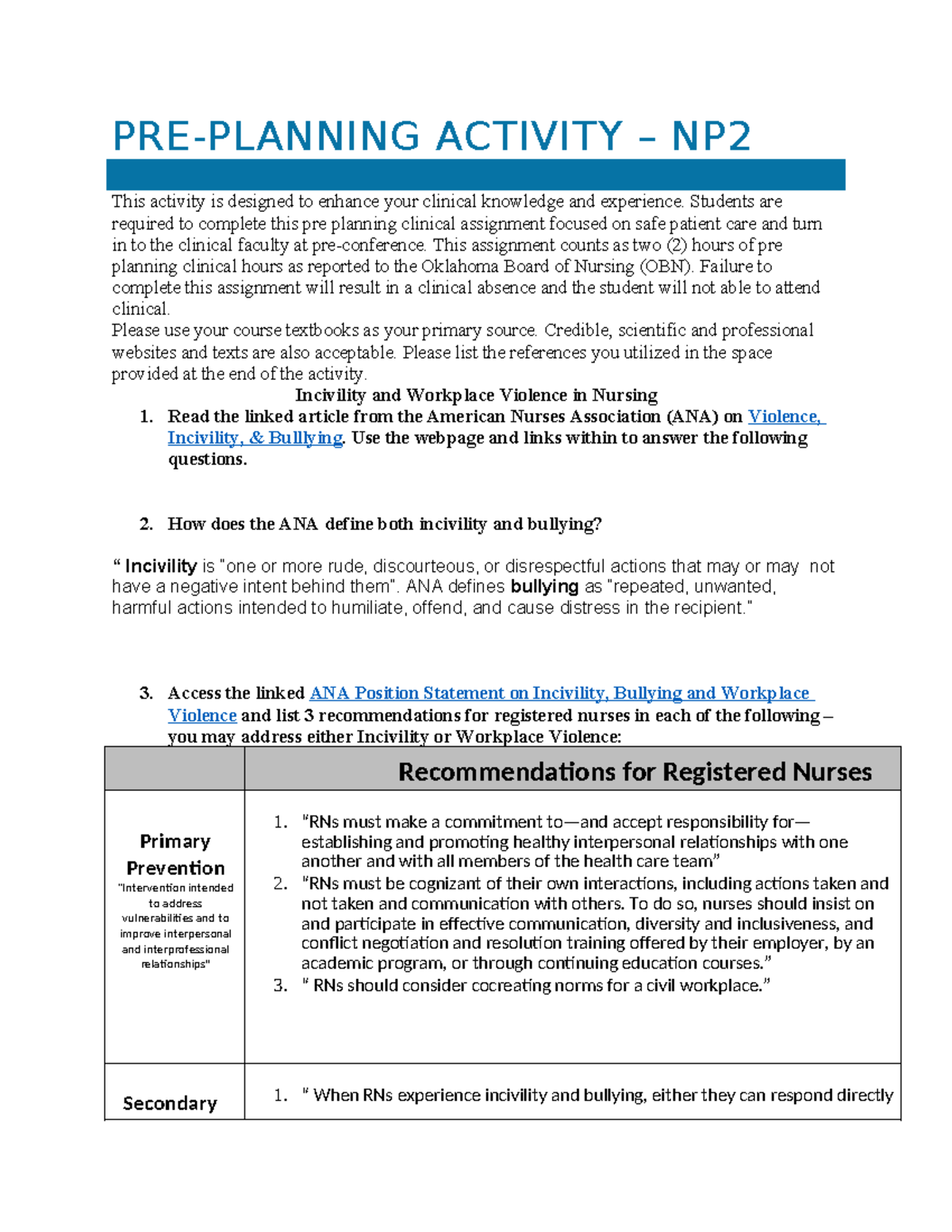 Pre Plan NP2 Incivility Violence student - PRE-PLANNING ACTIVITY – NP ...