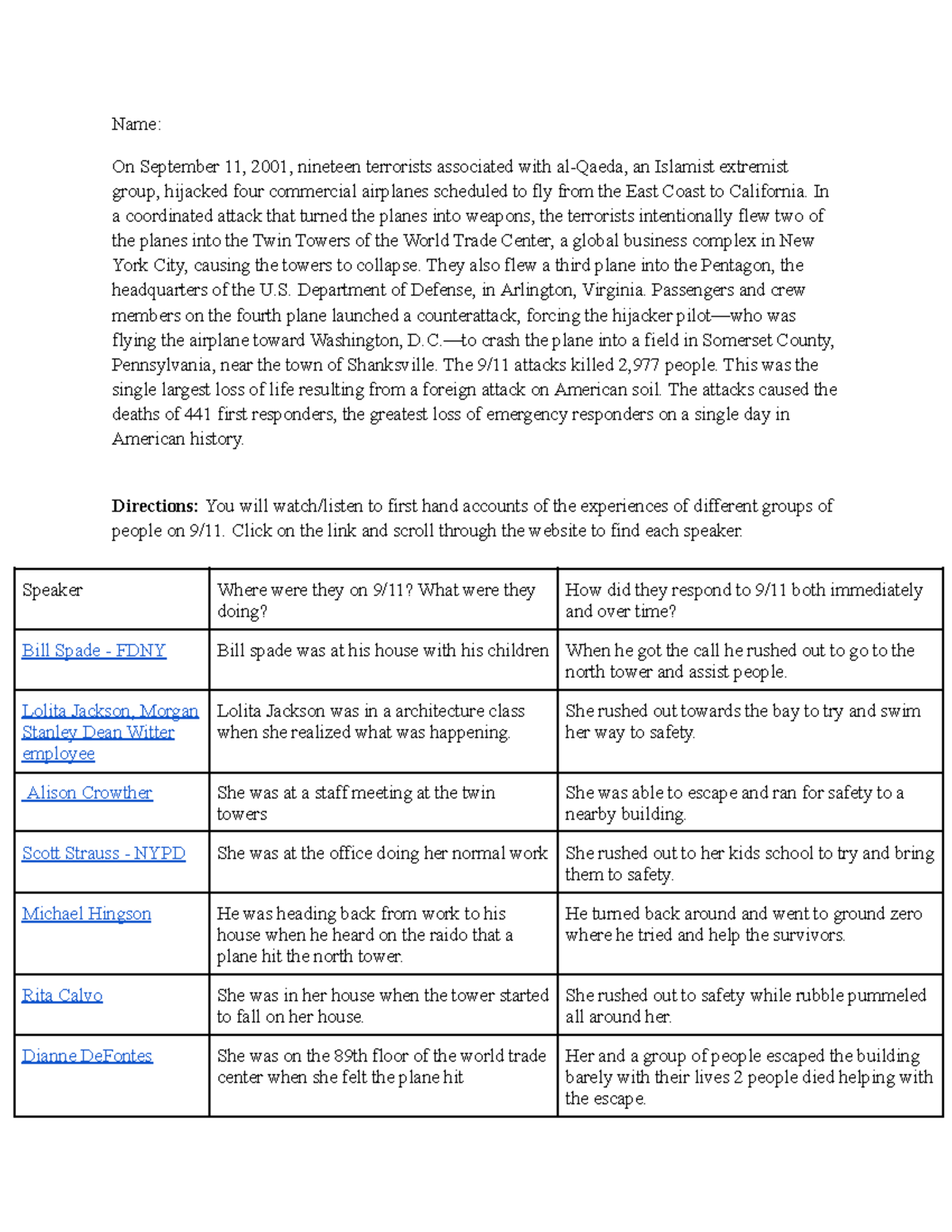 Copy of First Hand Accounts - Name: On September 11, 2001, nineteen ...