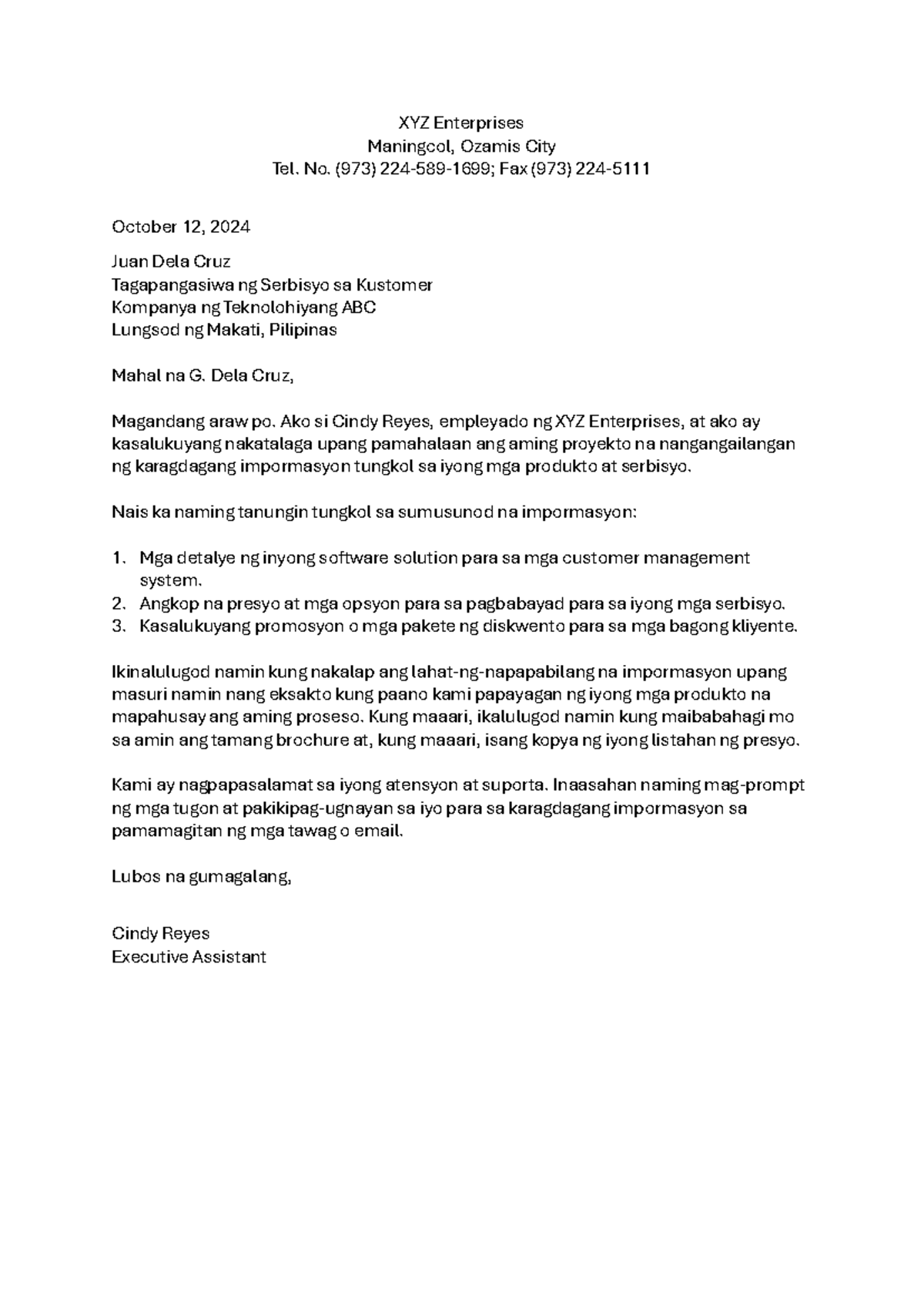 Liham Pagtatanong (p43) - XYZ Enterprises Maningcol, Ozamis City Tel ...