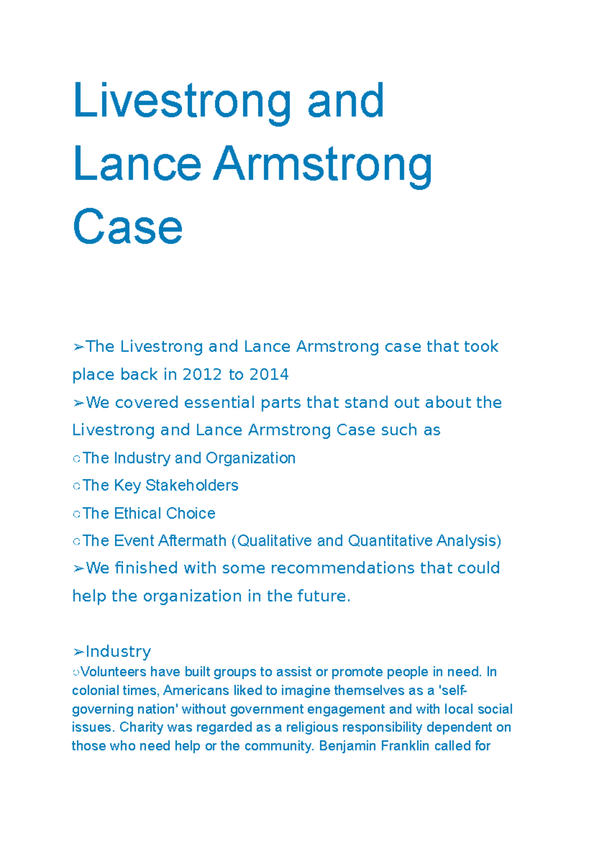 Livestrong and Lance Armstrong Case note - Livestrong and Lance ...