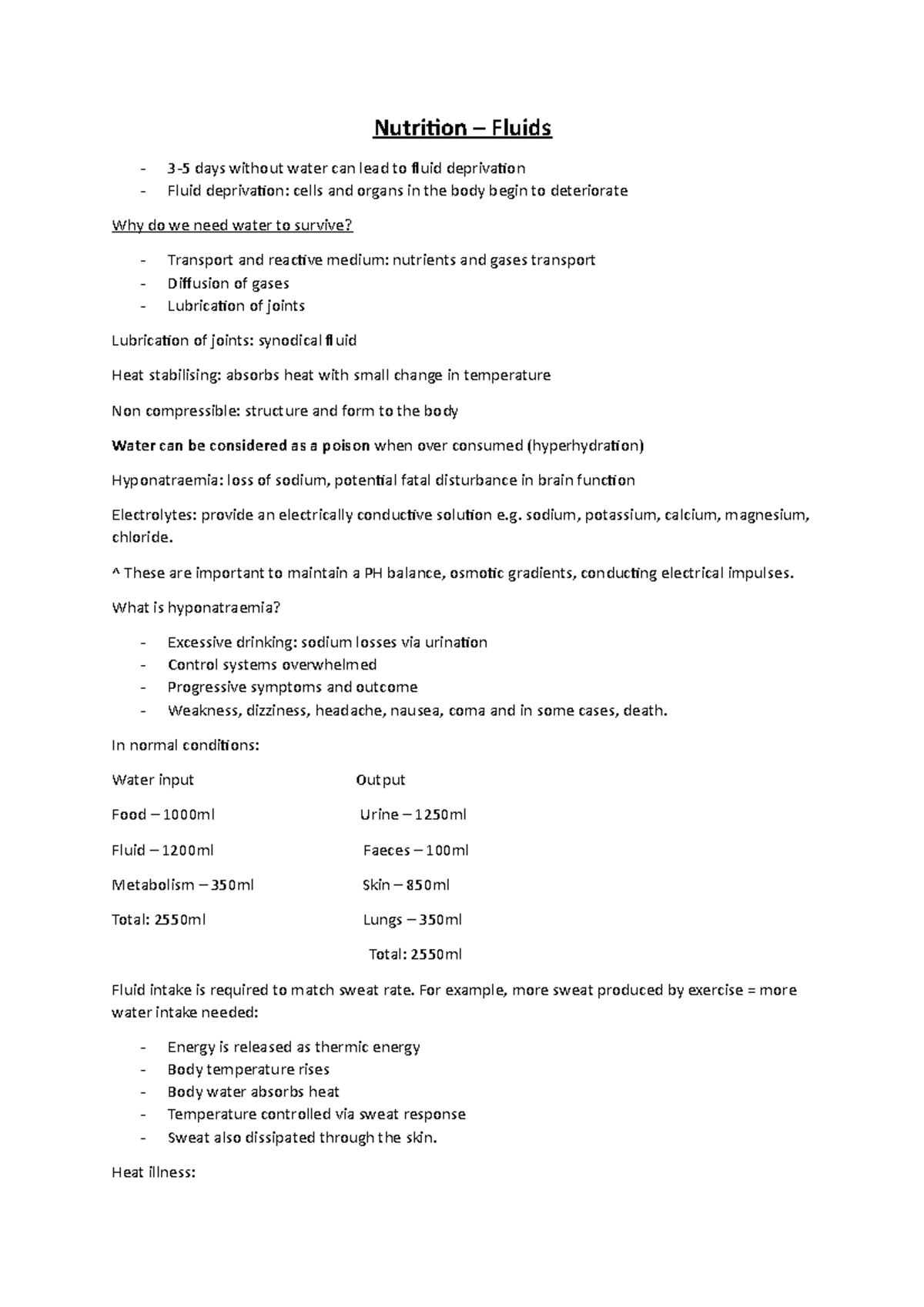 Nutrition 1 - Nutrition – Fluids - 3-5 days without water can lead to ...
