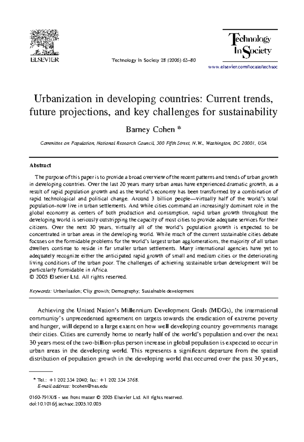 Cohen 2006 Urbanization in Developing Countries - Urbanization in ...