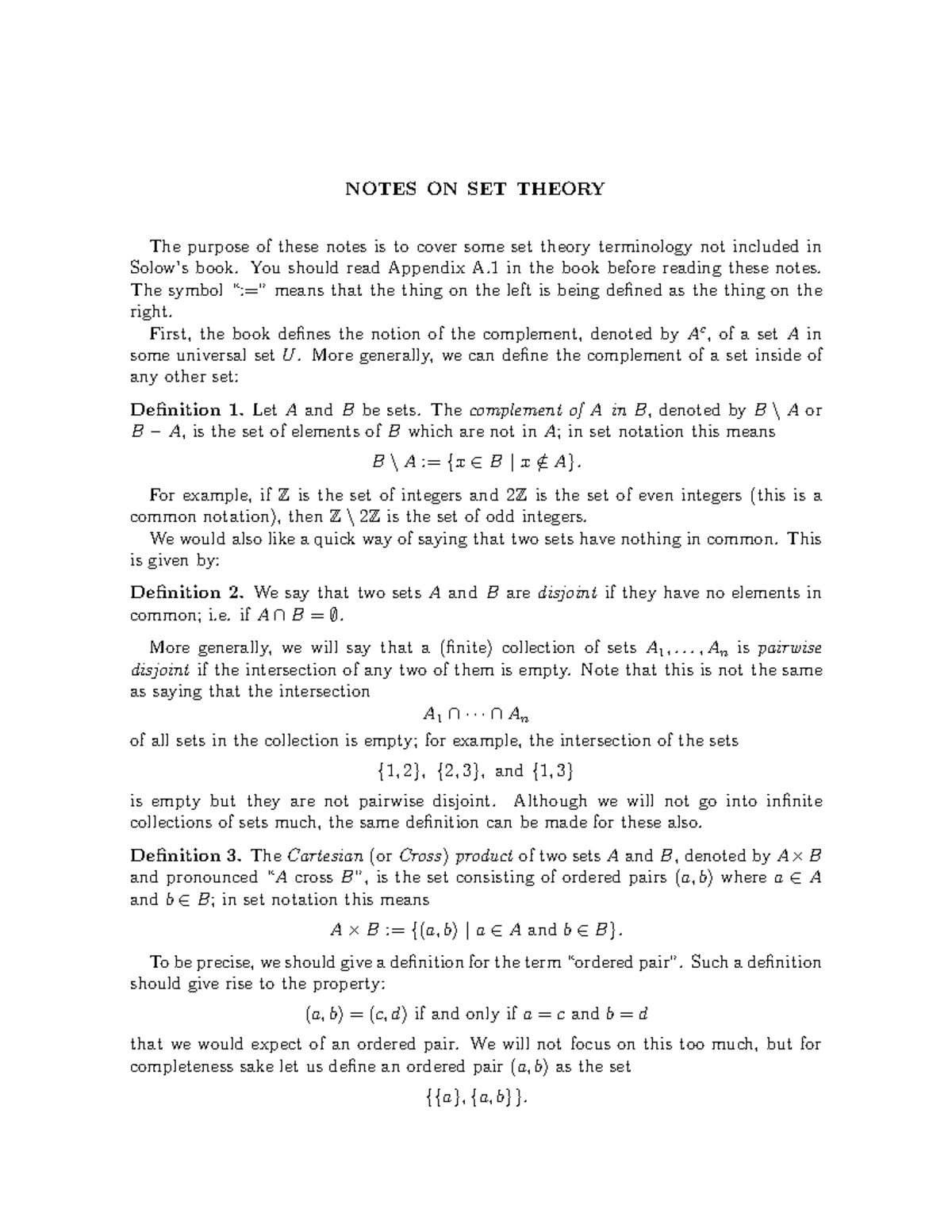 Math 300 Notes ON SET Theory - NOTES ON SET THEORY The purpose of these ...