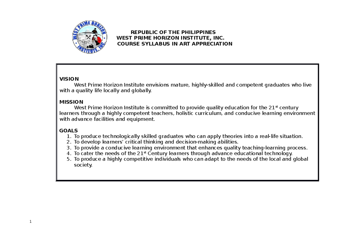 ART Appreciation - SYLLABUS - REPUBLIC OF THE PHILIPPINES WEST PRIME ...