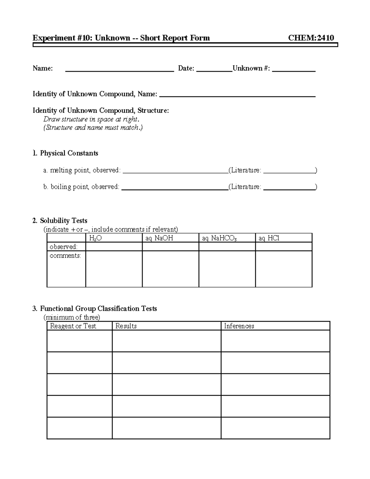 Short Report-UKform - Experiment #10: Unknown - Short Report Form CHEM ...