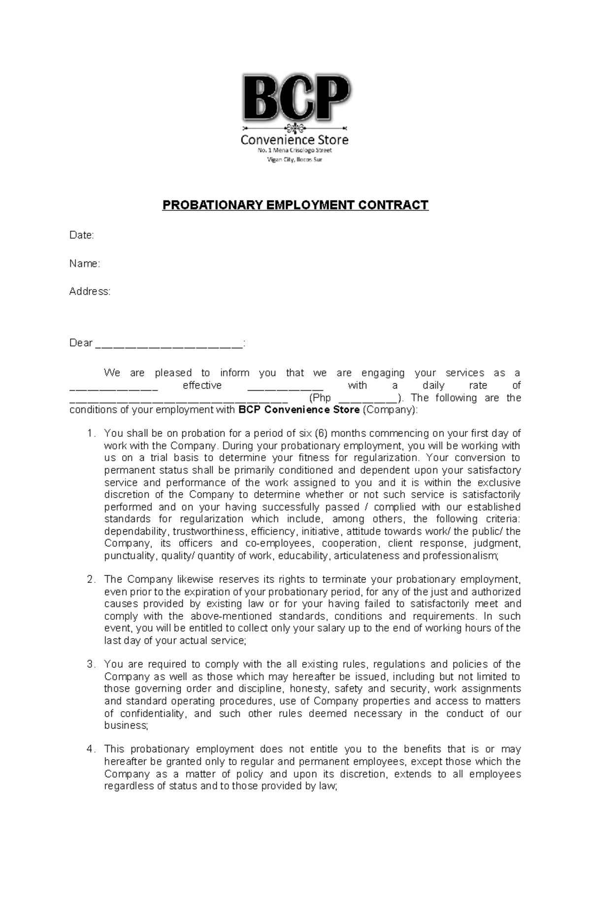 Probationary Employment Contract (BCP Convenience Store) - PROBATIONARY ...