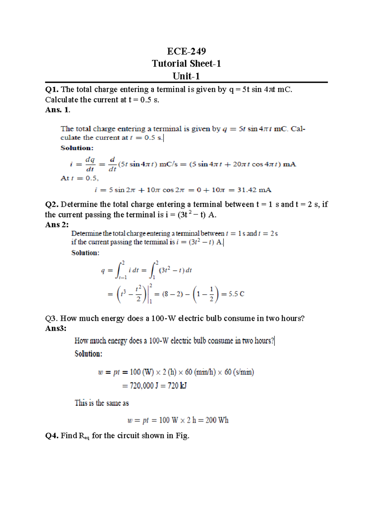 Tutorial Sheet 1 Unit1 - ECE- Tutorial Sheet- Unit- Q1. The total ...