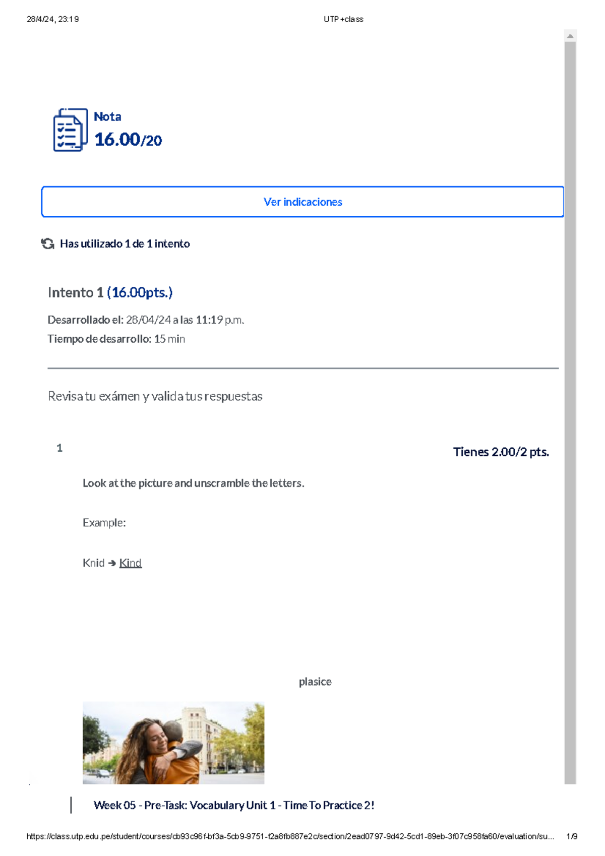 Week 05 - Pre-Task Vocabulary Unit 1 - Time to Practice 2 - Nota 16/ 20 ...