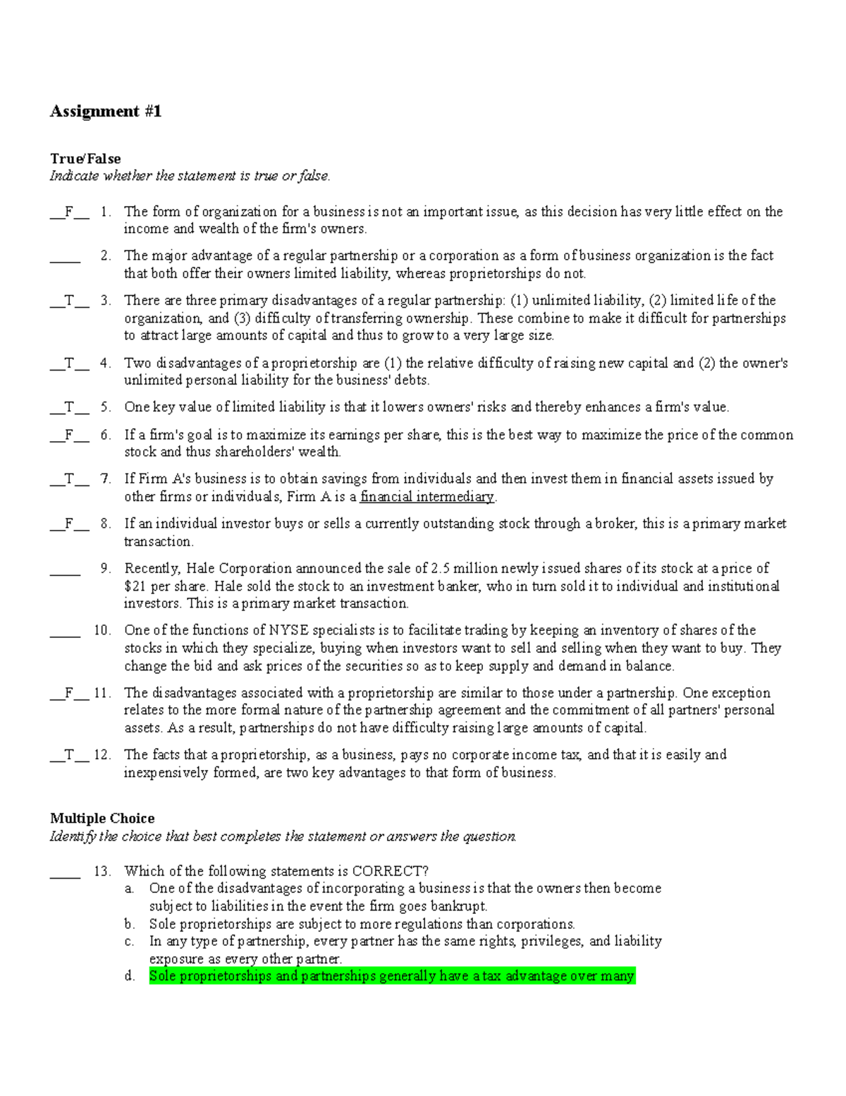 Assignment Number 1 Financial Management Course ESLSCA - Assignment ...