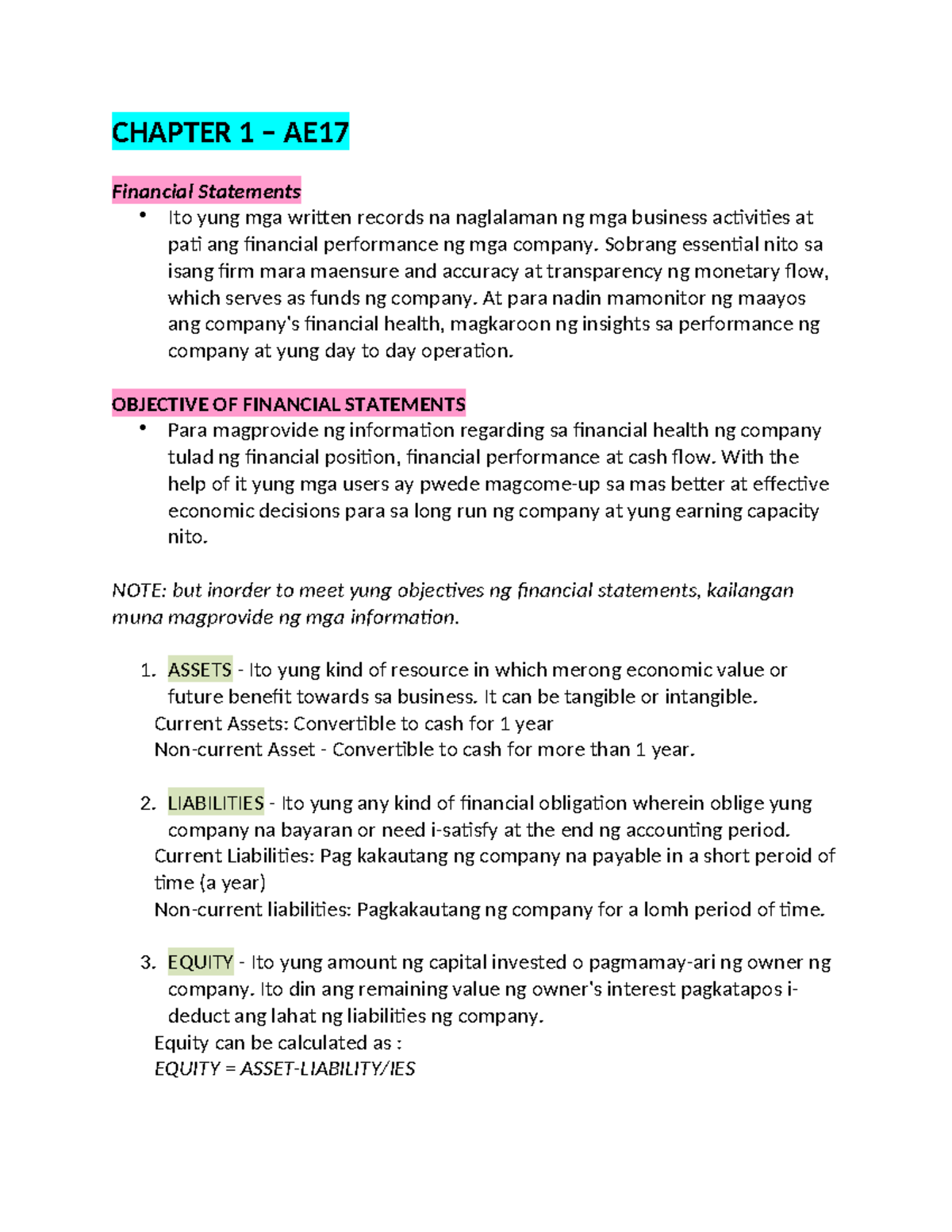 AE17 Chapter 1 - Typed version - CHAPTER 1 – AE Financial Statements ...