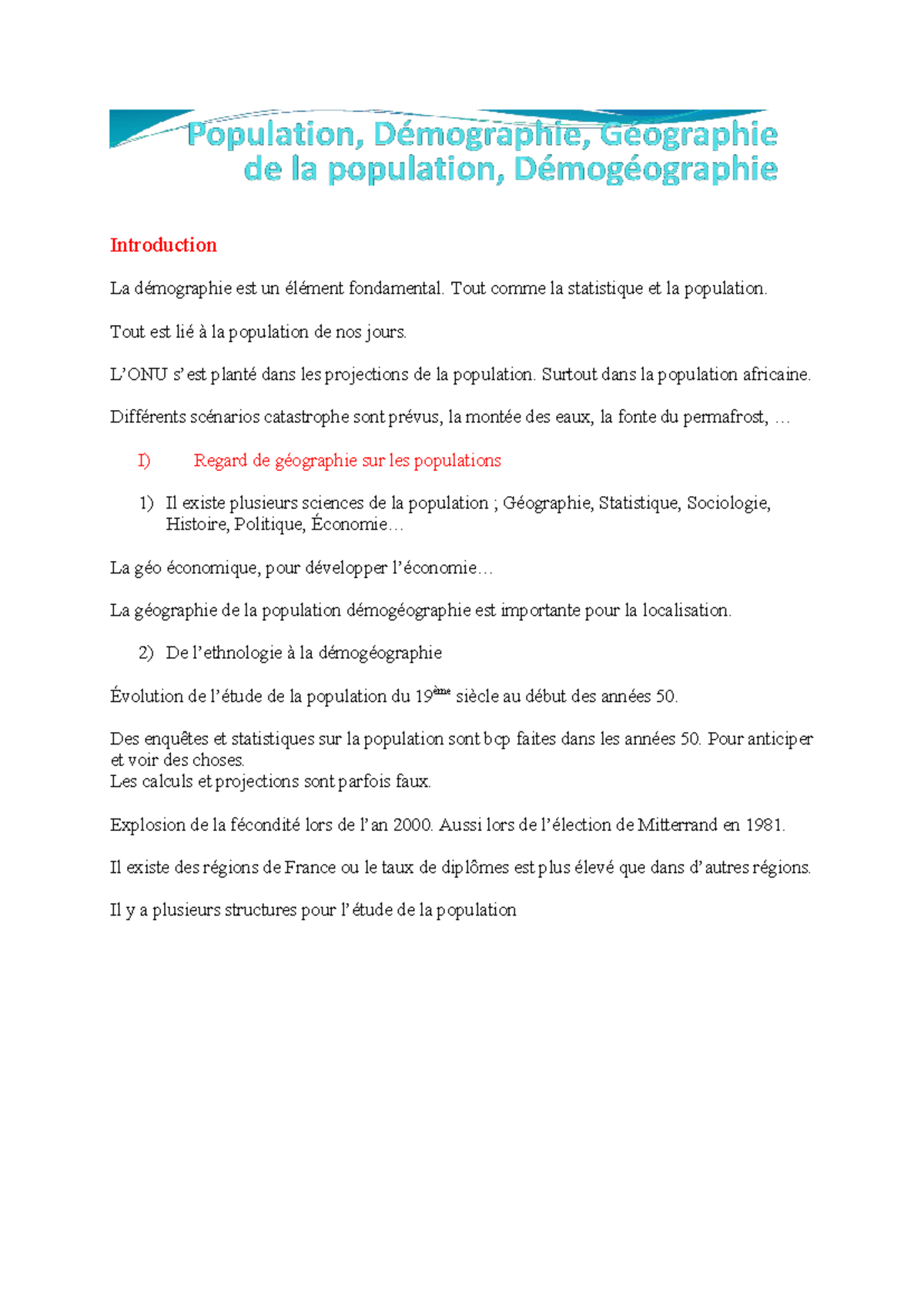CM1 chapitre 1 - chap 1 - Introduction La démographie est un élément ...
