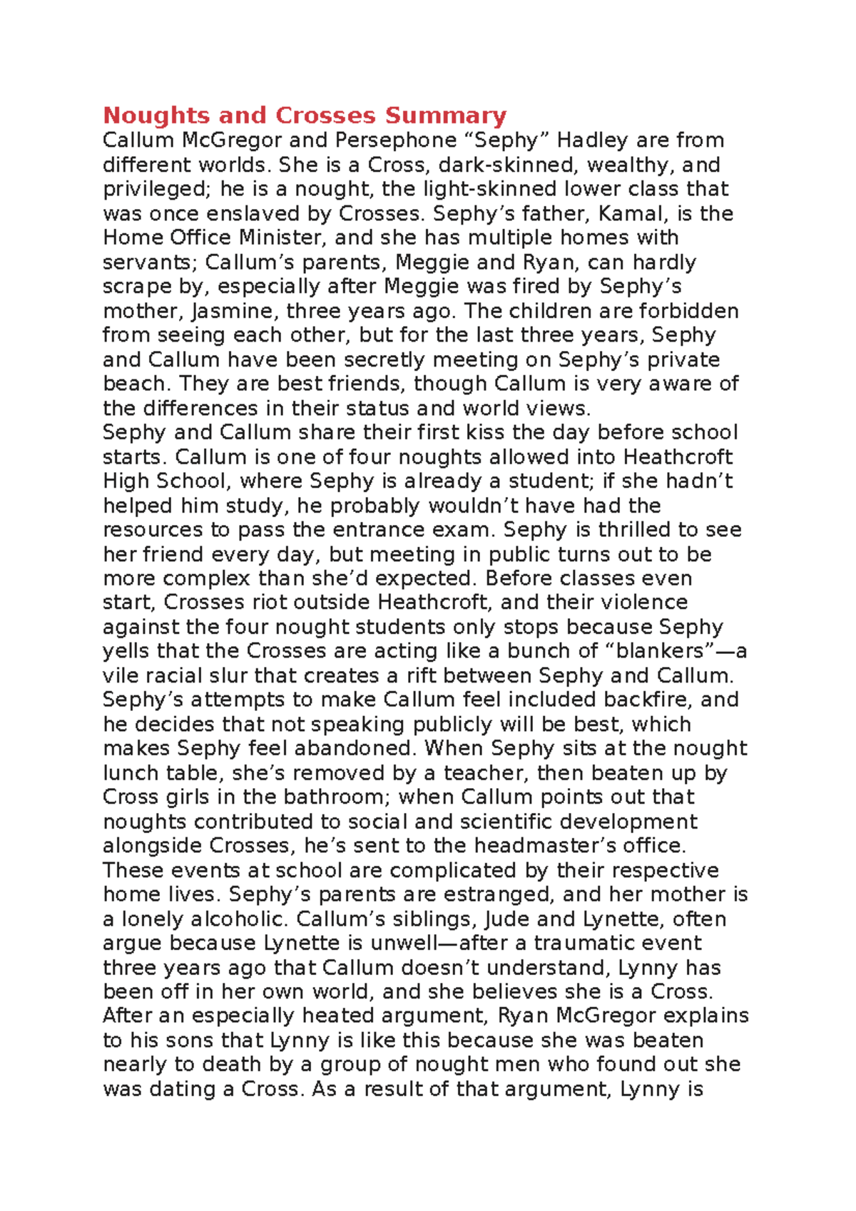 Noughts and Crosses Summary - Noughts and Crosses Summary Callum ...