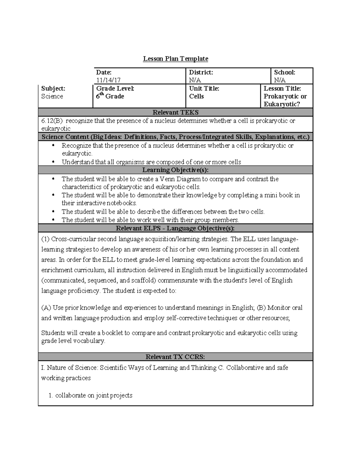 Life Science Lesson - Lesson Plan Template Teacher: Lisa Kramer Subject ...