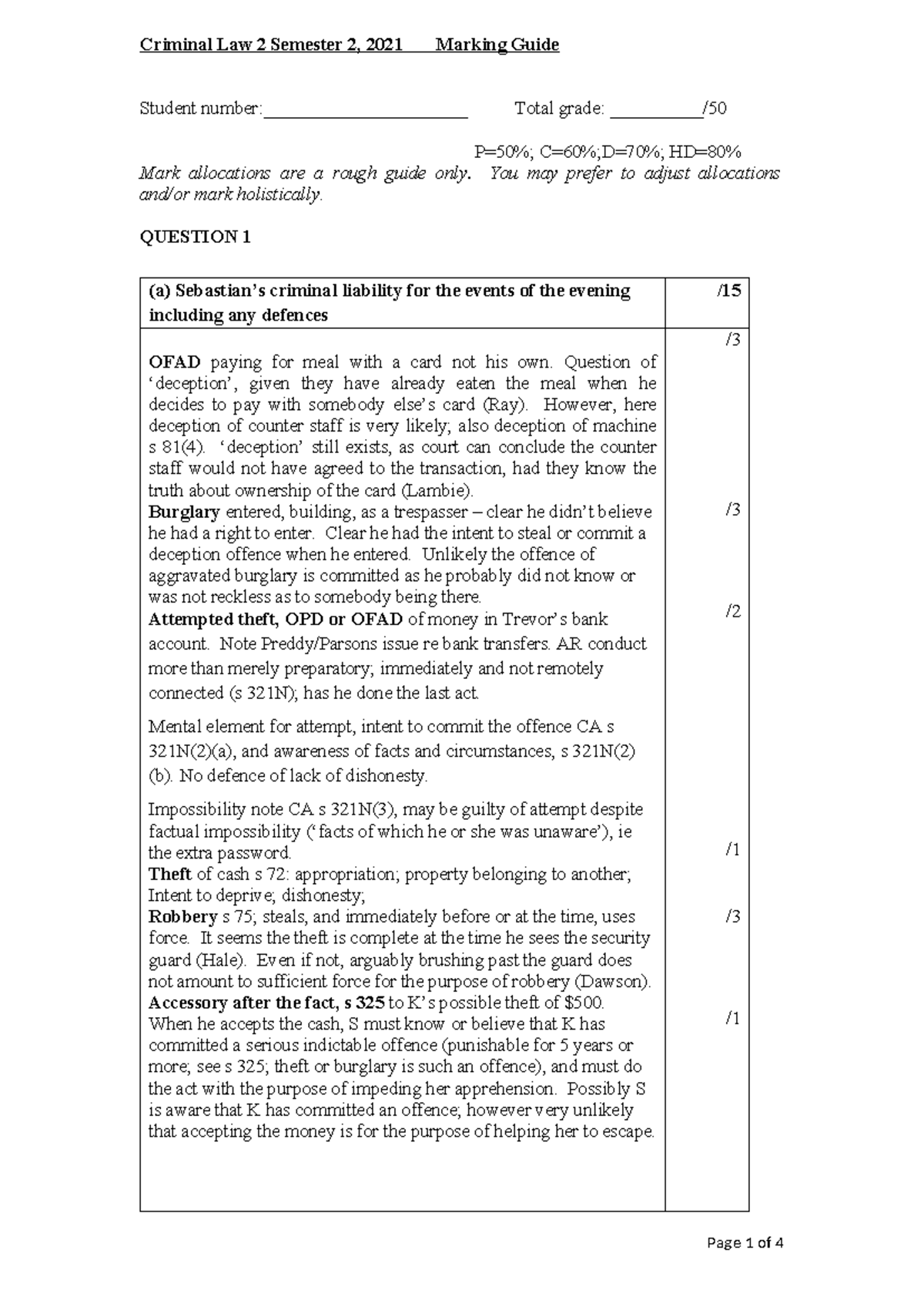 Exam marking guide 2021 - Criminal Law 2 Semester 2, 2021 Marking Guide ...