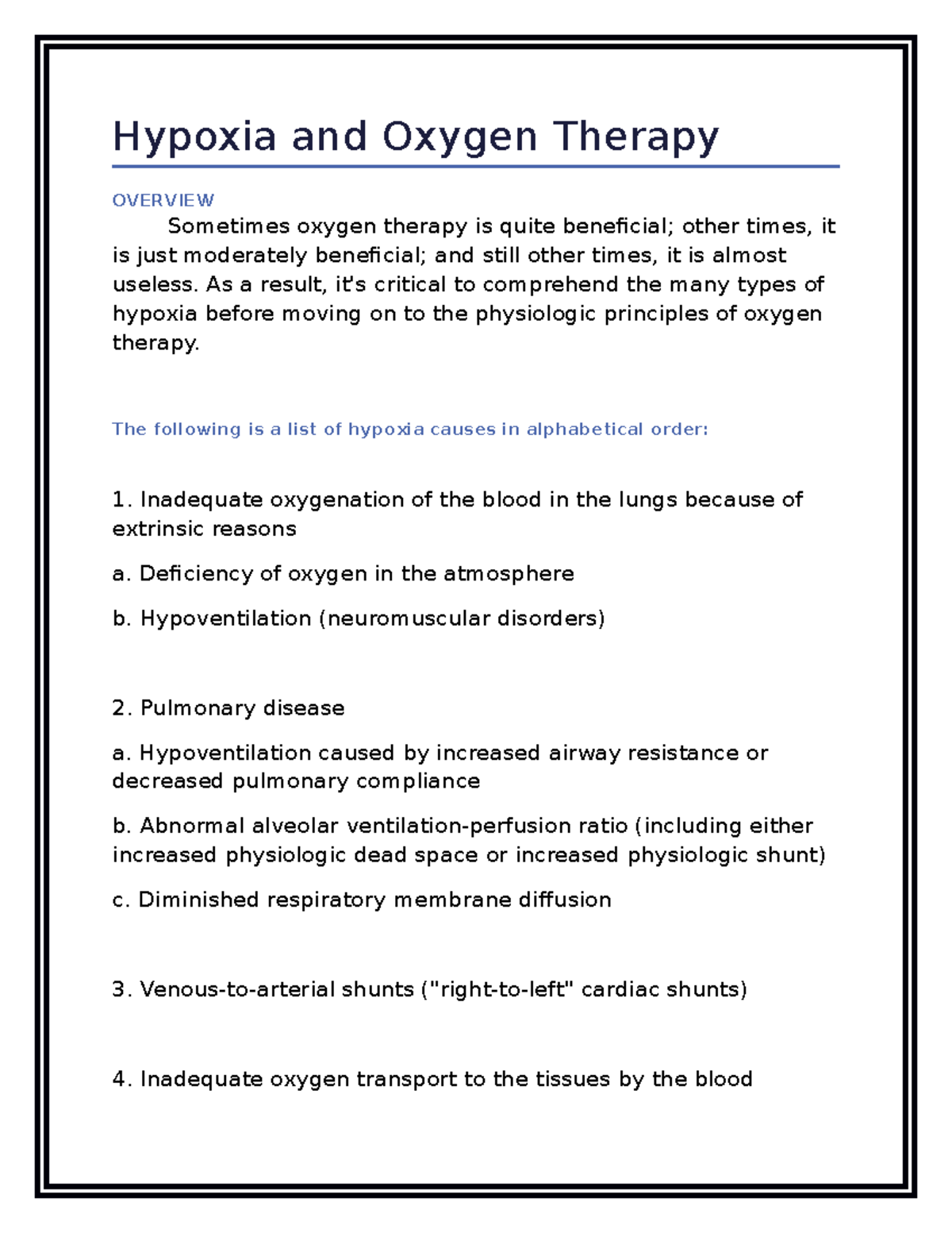 Overview Of The Hypoxia and Oxygen Therapy - Hypoxia and Oxygen Therapy ...