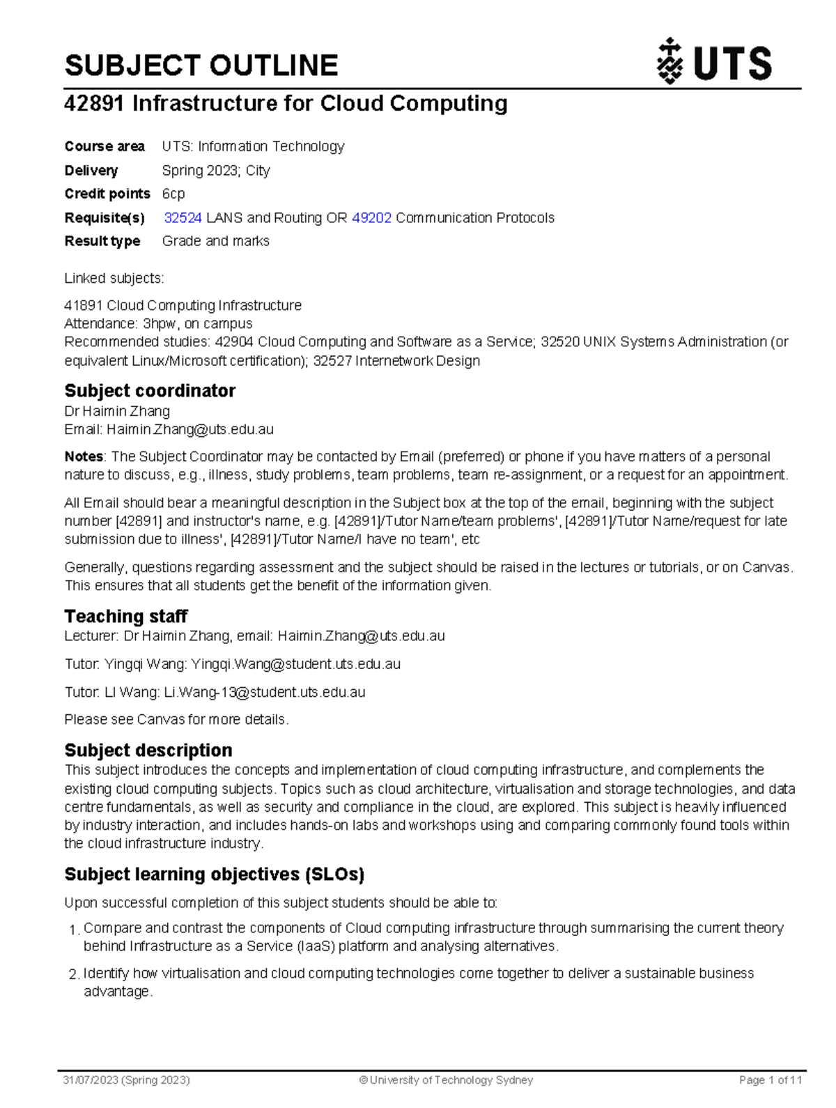 Subject Outline - SUBJECT OUTLINE 42891 Infrastructure for Cloud Computing Linked subjects ...