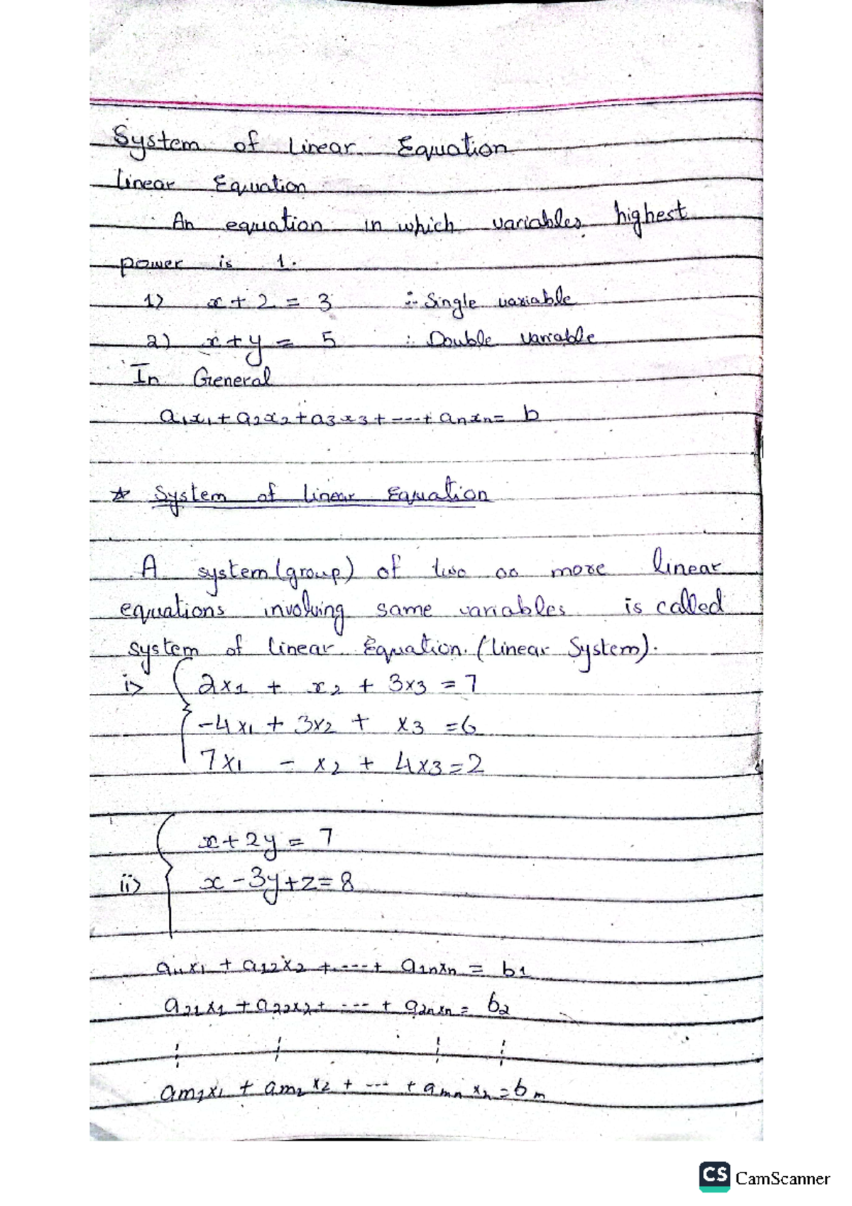 Linear systems lecture 1 - Linear Algebra - CamScanner CamScanner - Studocu