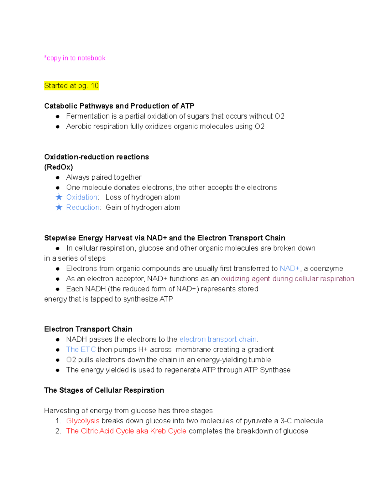 Ch. 9 Cellular Respiration - Biology - *copy in to notebook Started at ...