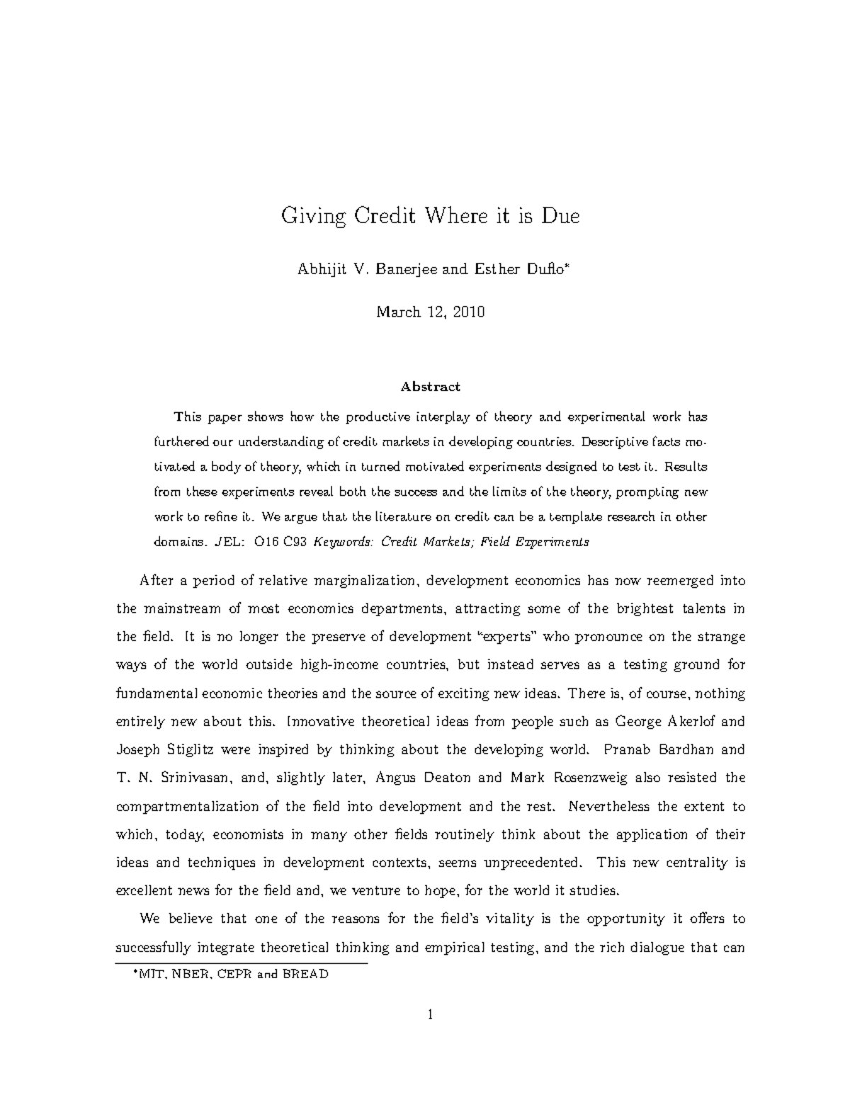 Essay - Giving Credit Where it is Due - Banerjee & Du fl o - Giving ...