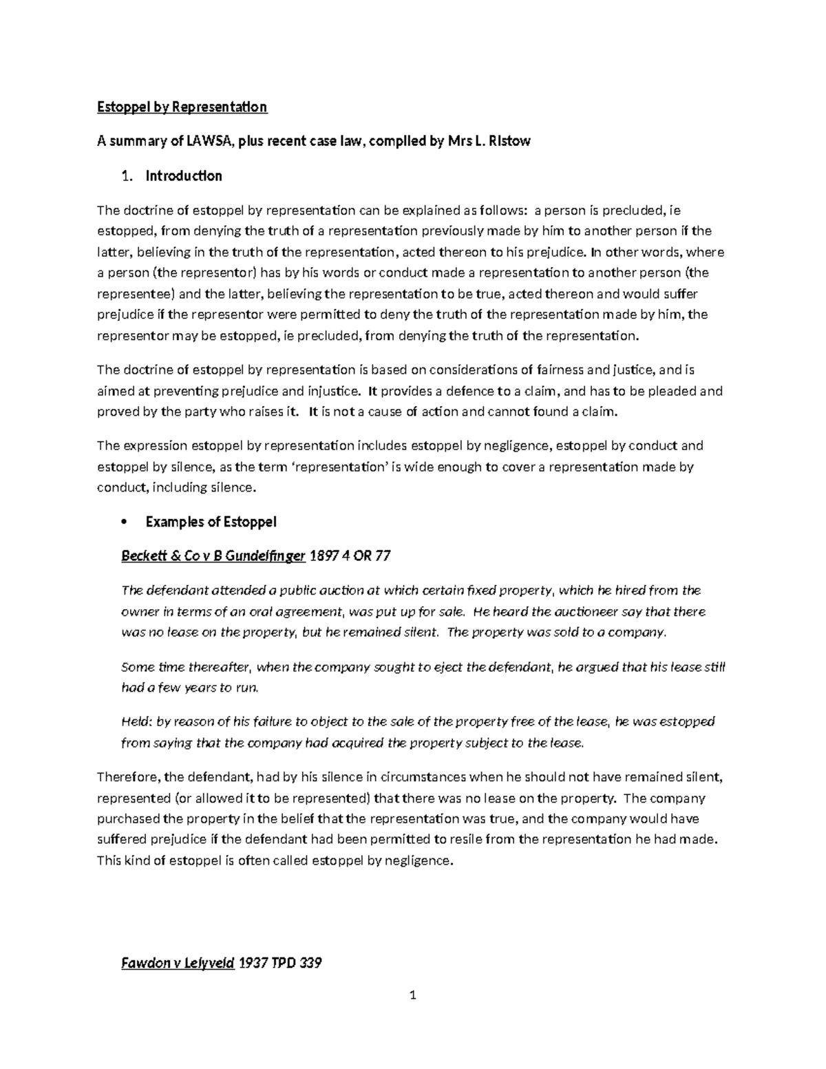 Estoppel by Representation Study Guide - Estoppel by Representation A ...