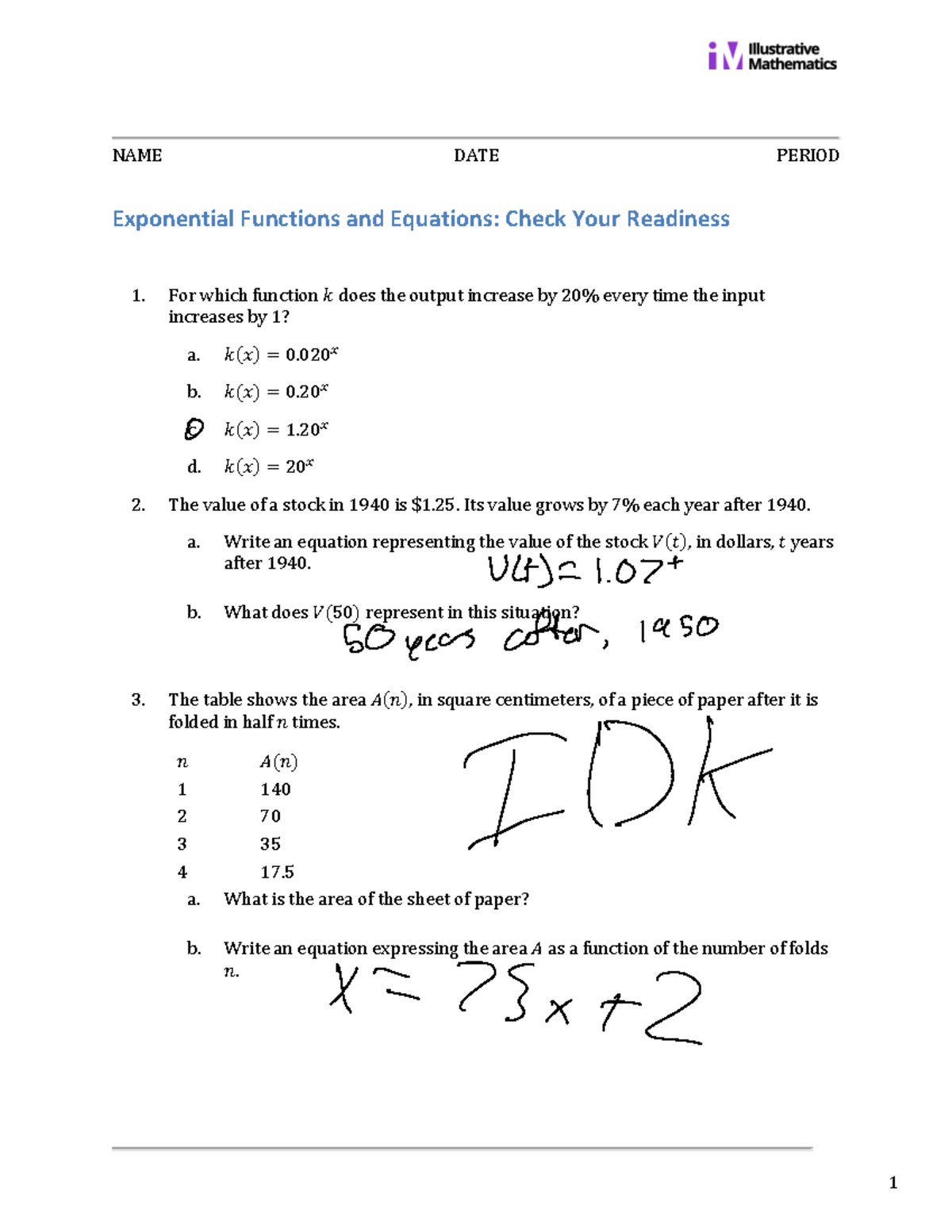 Algebra 2 4 Check Your Readiness assessment - NAME DATE PERIOD 1 ...