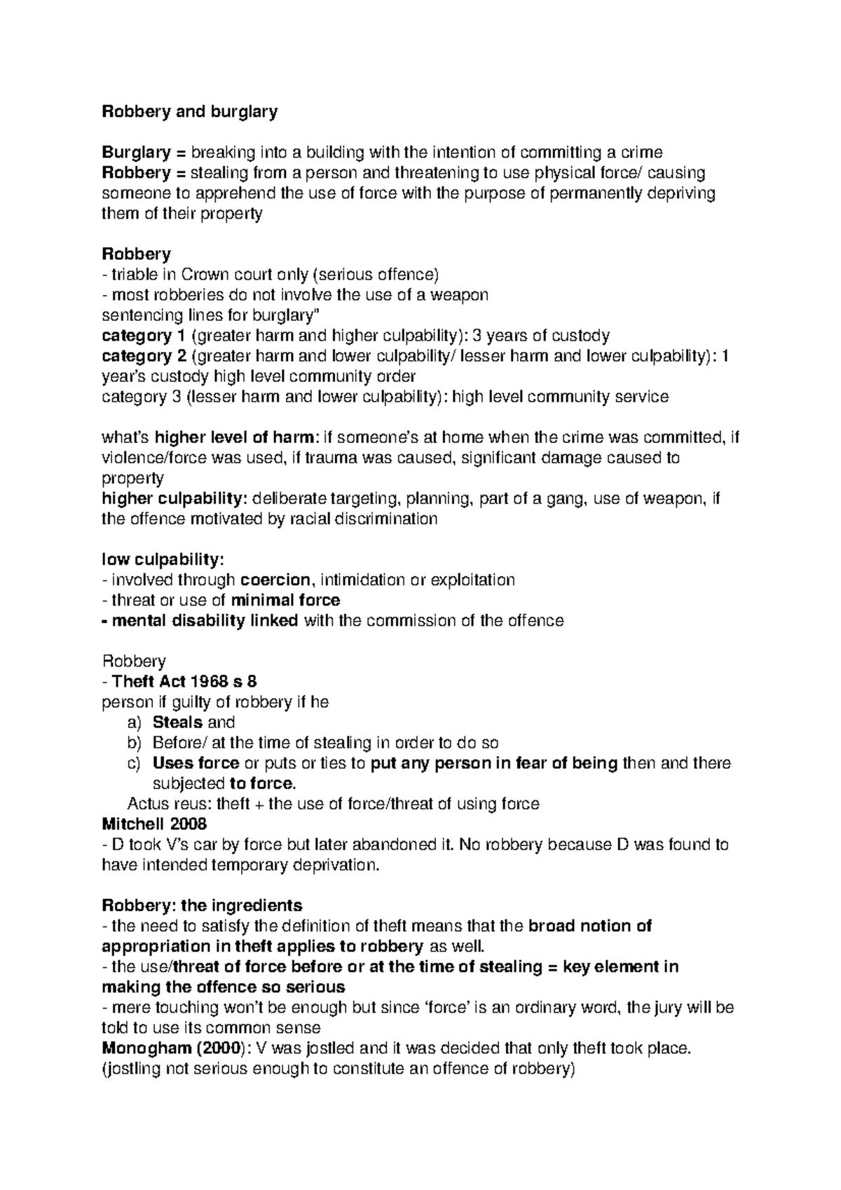 Robbery and Burglary: Definitions Elements and Criticisms - Studocu