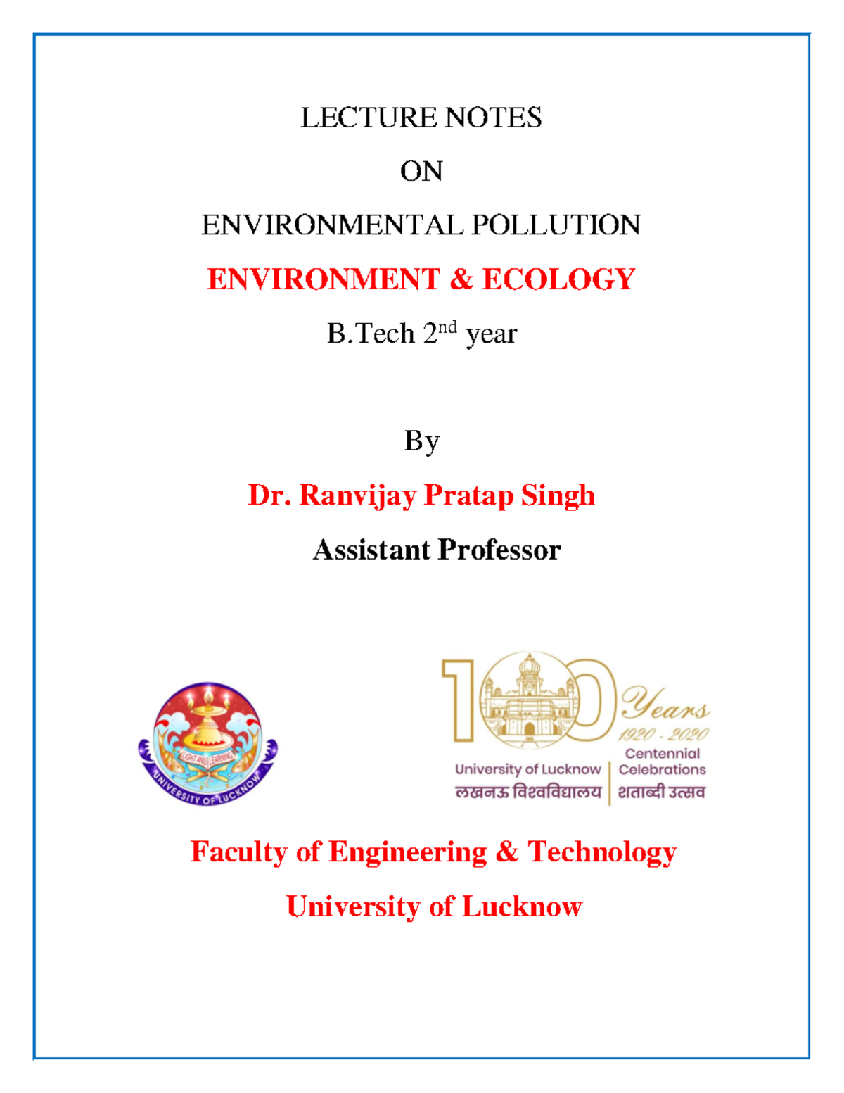 Environmental Pollution and mangement and its effect - LECTURE NOTES ON ...