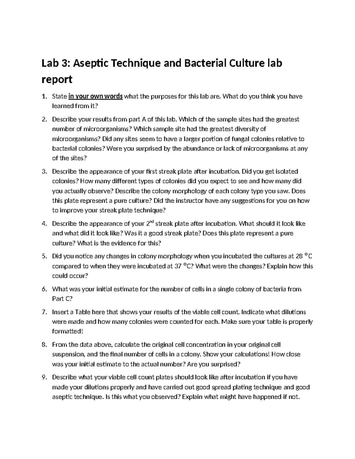 Lab 3 aseptic technique Lab report - Lab 3: Aseptic Technique and ...