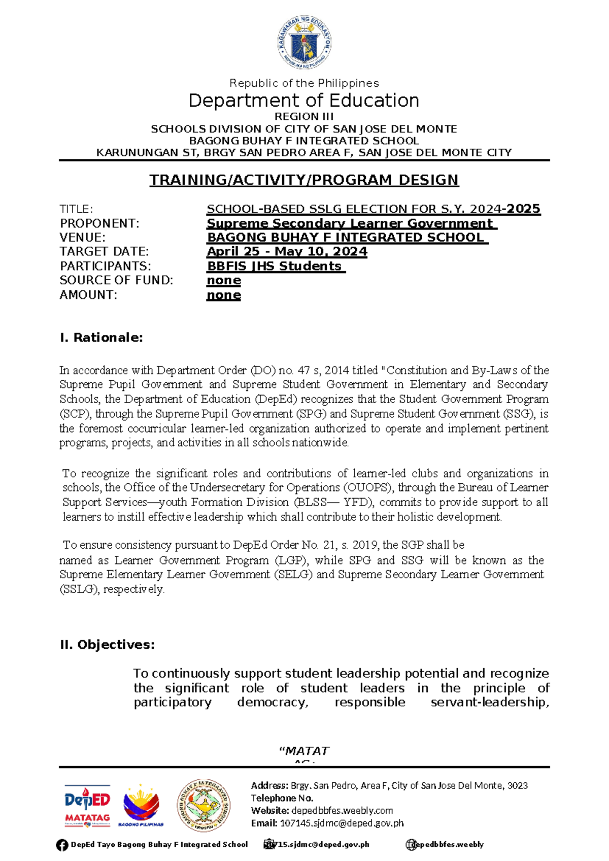 Activity design for sslg election - “MATAT AG: Address: Brgy. San Pedro ...