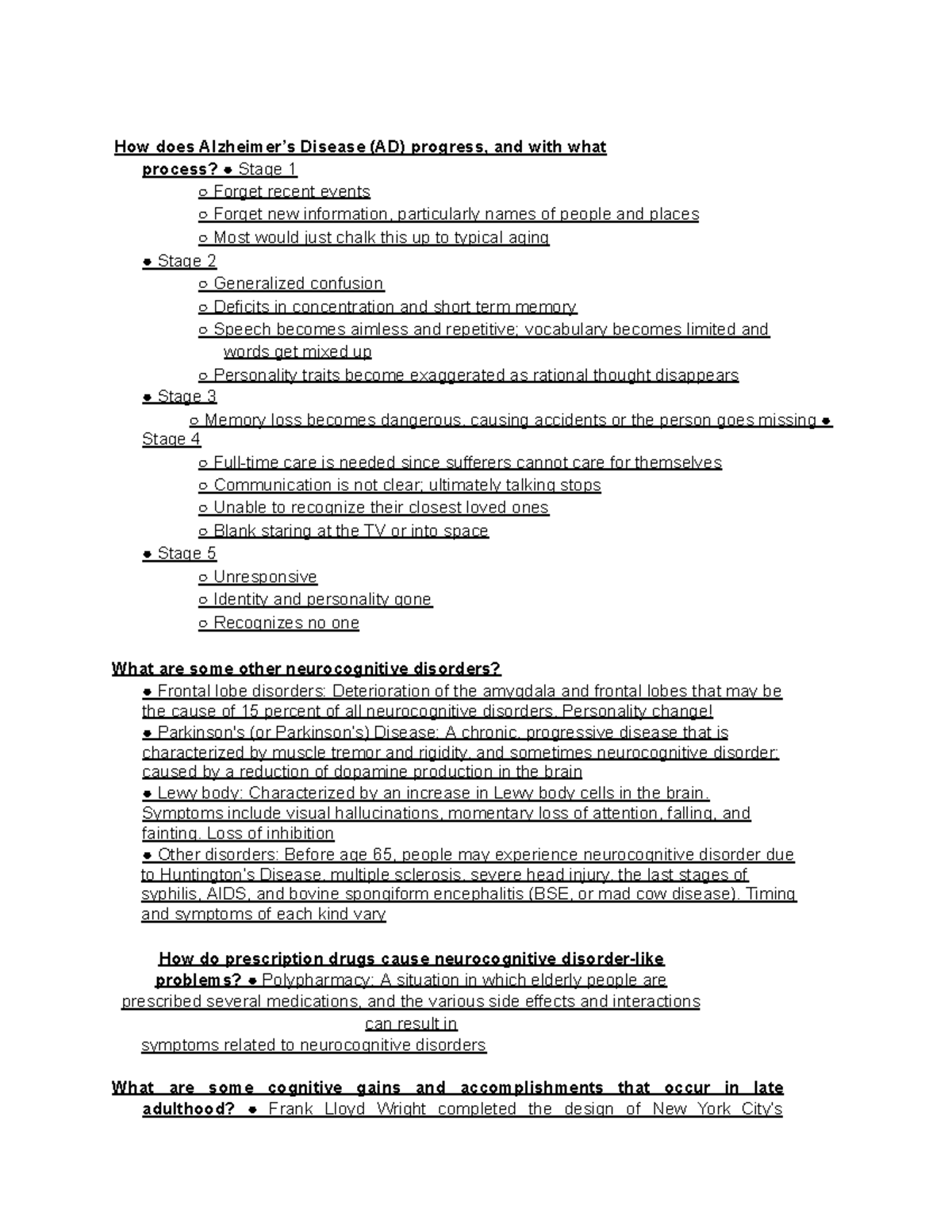 Lifespan development final study guide - How does Alzheimer’s Disease (AD) progress, and with ...