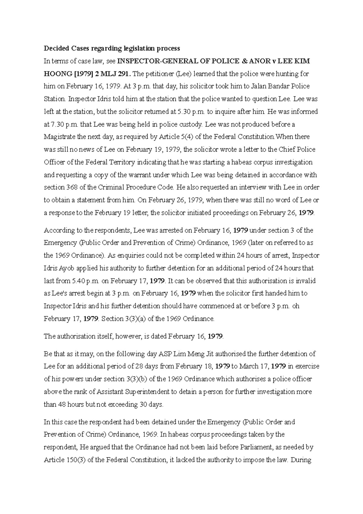 Decided Cases regarding legislation process - The petitioner (Lee ...