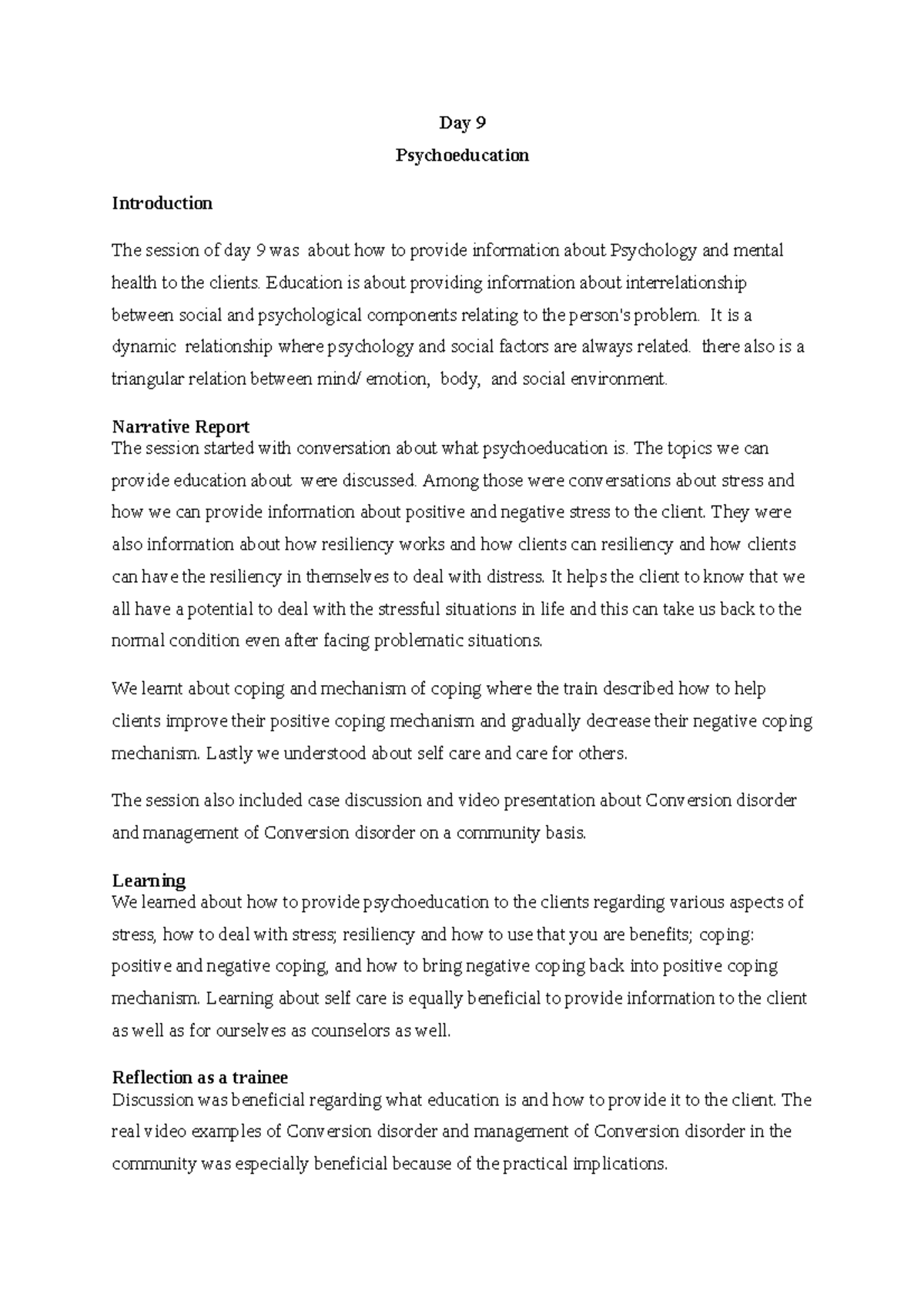 Training Report Day 9 - Day 9 Psychoeducation Introduction The session ...