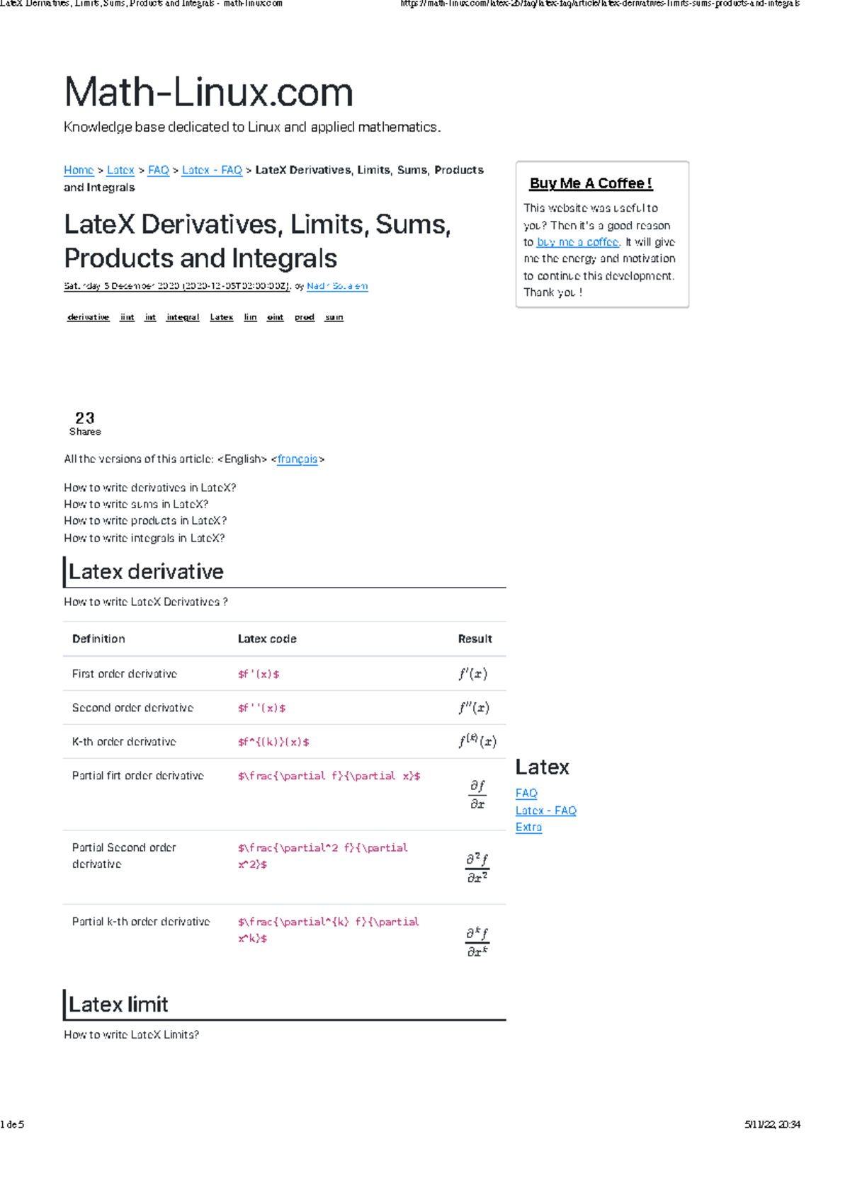 Late X Derivatives, Limits, Sums, Products and Integrals - math-linux ...