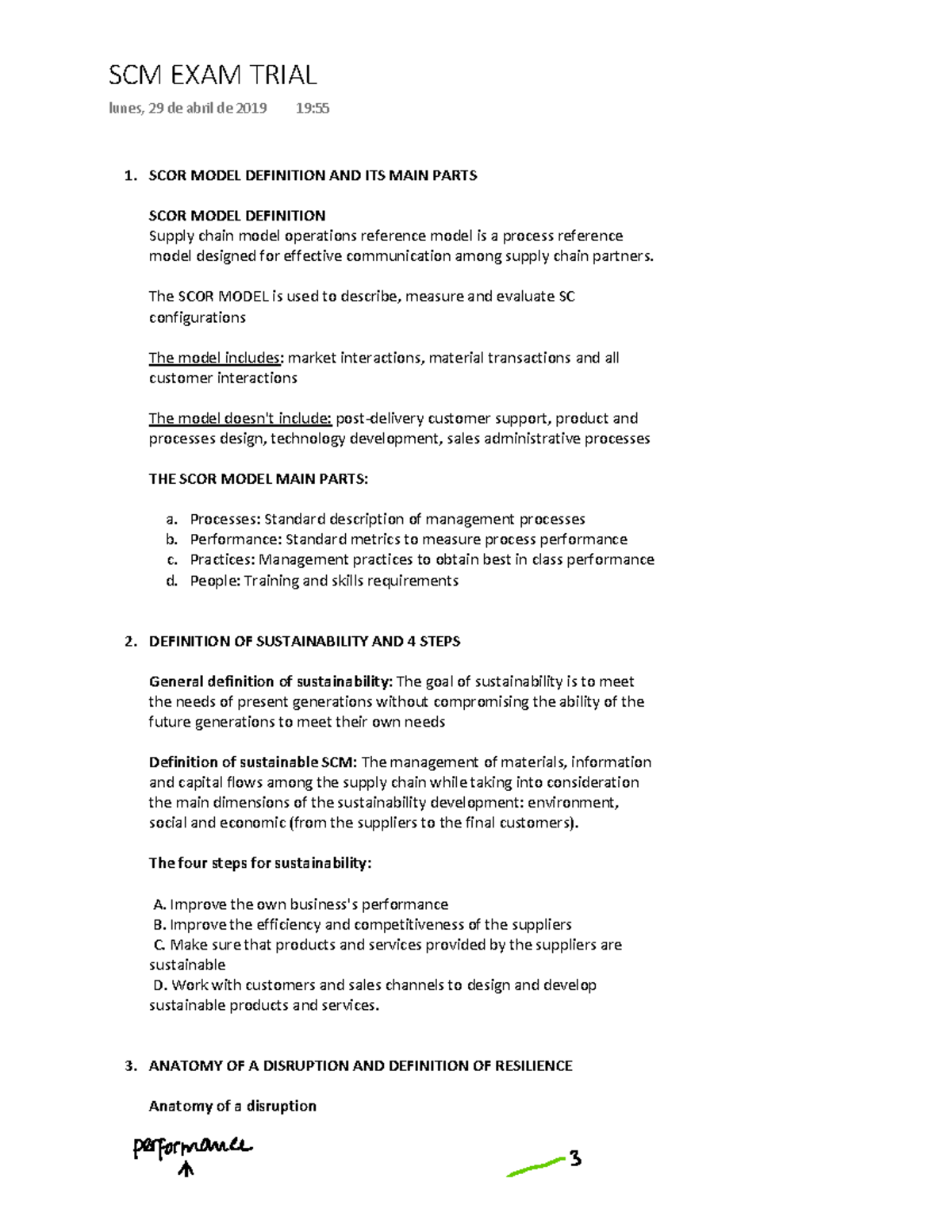 SCM EXAM Trial LR - It is a simulation of exam - 1. SCOR MODEL DEFINITION AND ITS MAIN PARTS ...