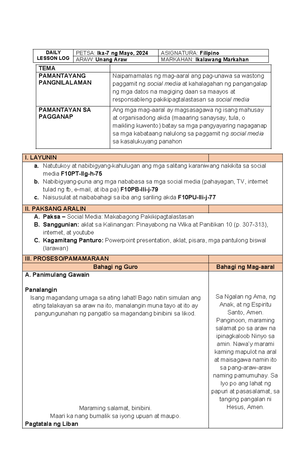 Lesson Plan - n/A - TEMA PAMANTAYANG PANGNILALAMAN Naipamamalas ng mag ...