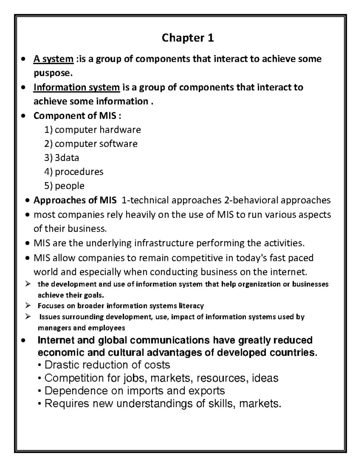 Chapter 1 - Chapter 1 A system :is a group of components that interact ...