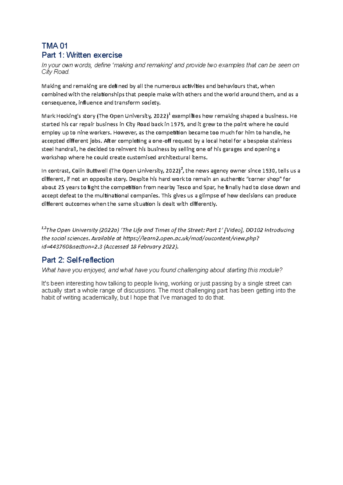 TMA 01 Part 1: Written exercise In your own words, deﬁne ‘making and ...