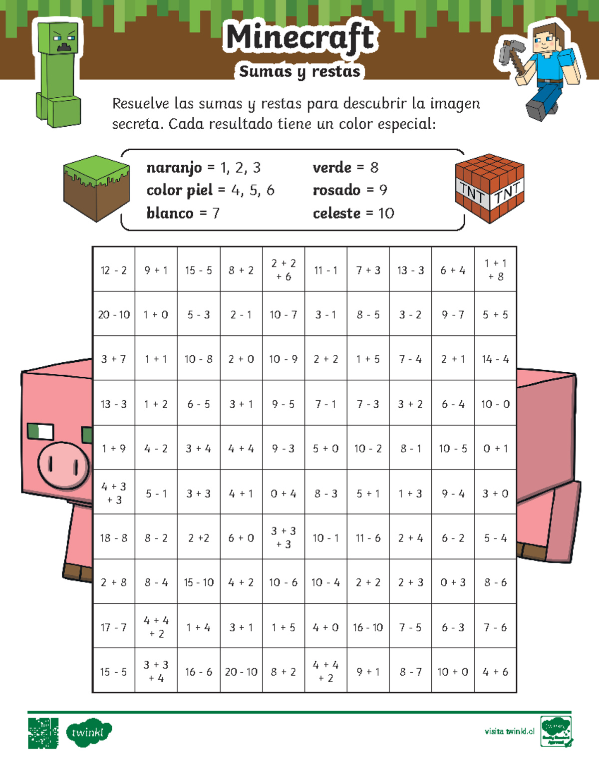 Pinta resolver sumas y restas Minicraft - MinecraftMinecraft Sumas y ...