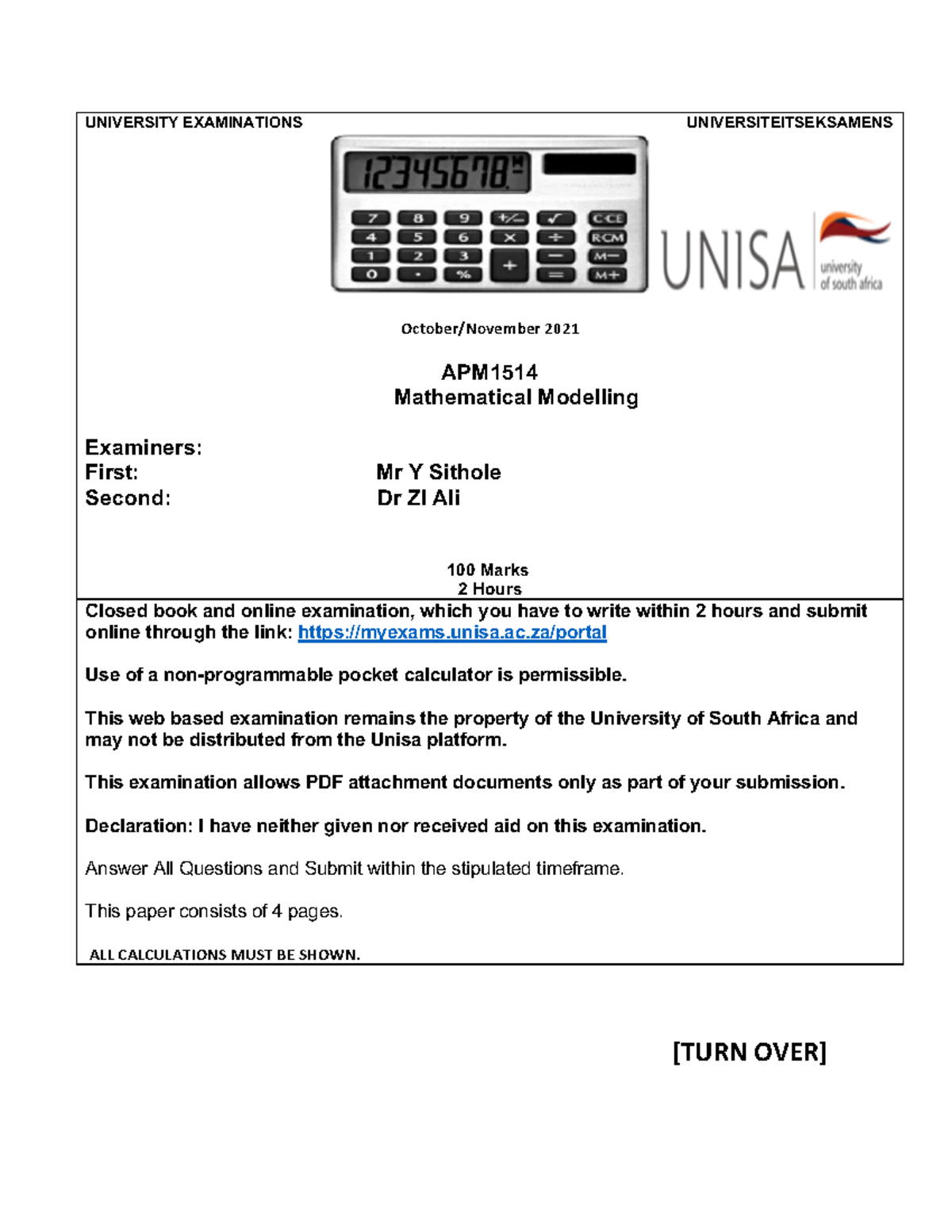 APM1514 Nov 2021 EXAM - UNIVERSITY EXAMINATIONS UNIVERSITEITSEKSAMENS ...