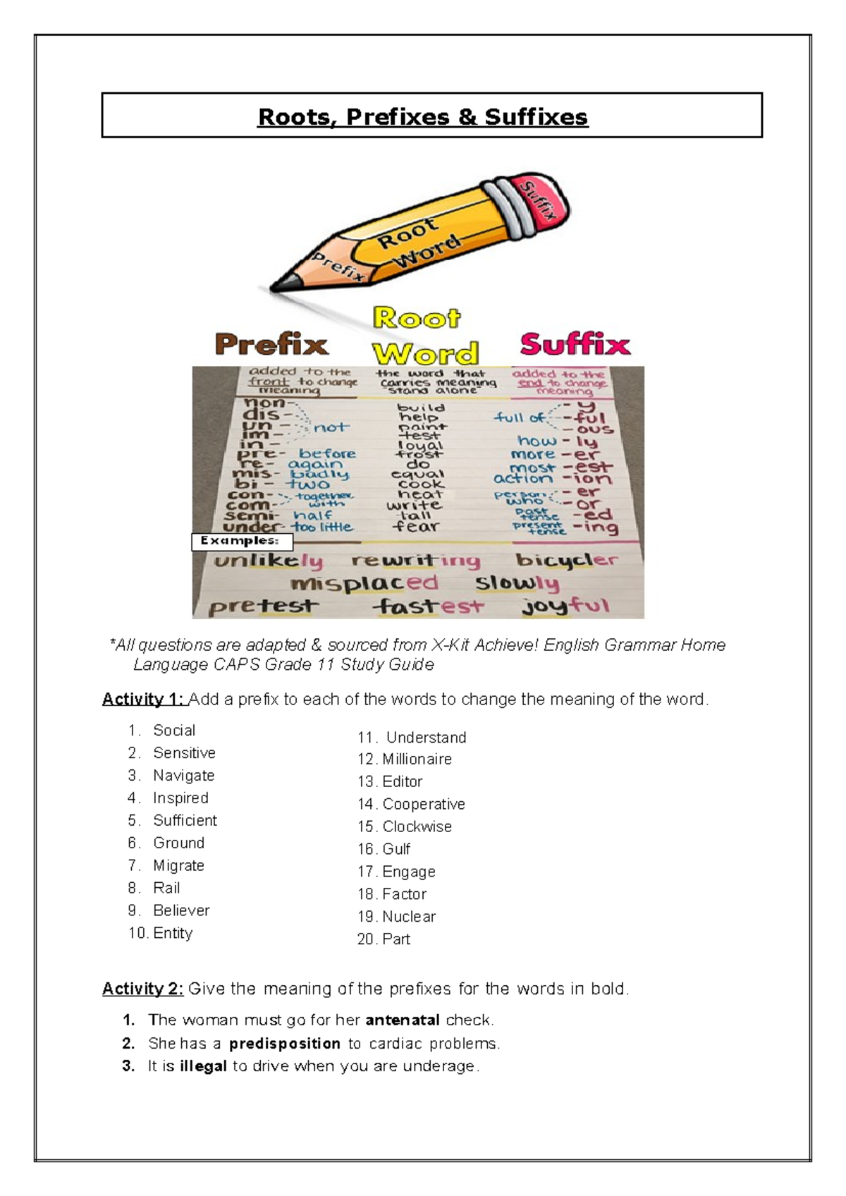 Prefix, Root Word & Suffix Revision Activity - Roots, Prefixes ...