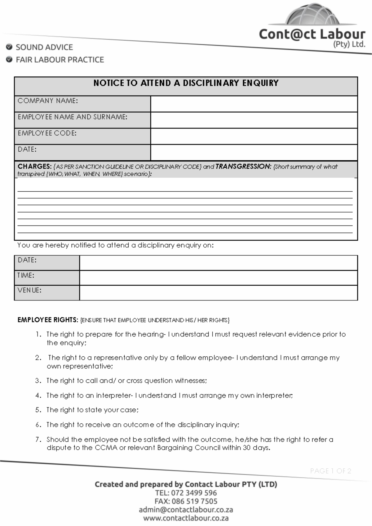 Notice to Attend - NOTICE TO ATTEND A DISCIPLINARY ENQUIRY COMPANY NAME ...