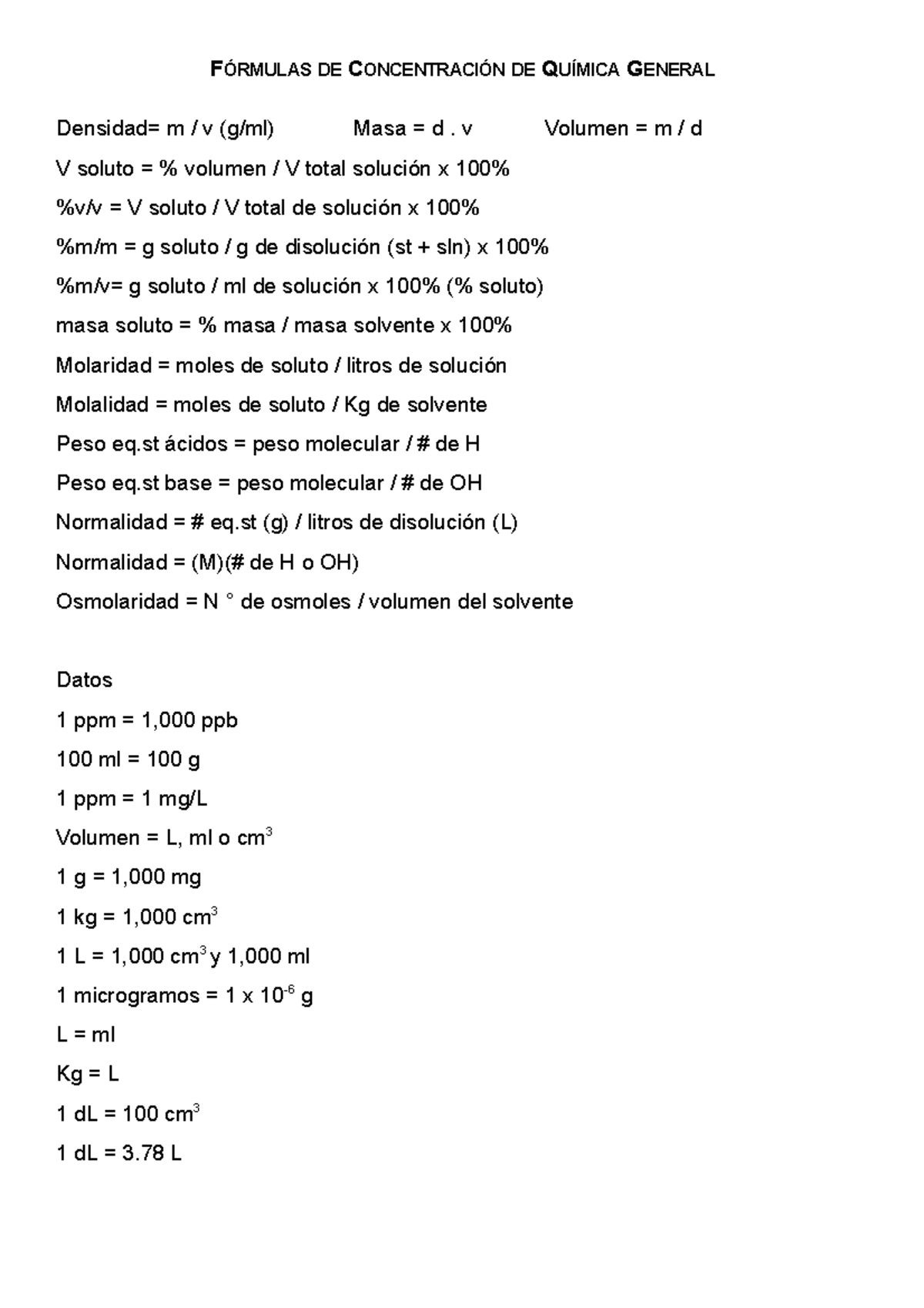 Fórmulas de Concentración de Química General - FÓRMULAS DE ...