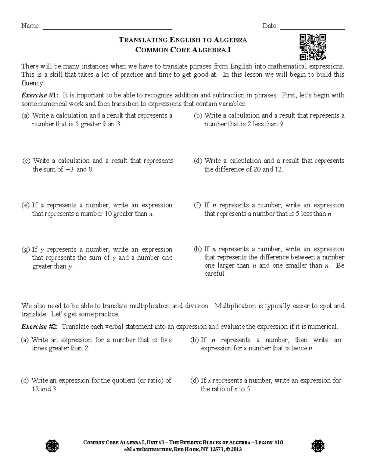Math - Translating English to algebra in lesson 1-10 - Name