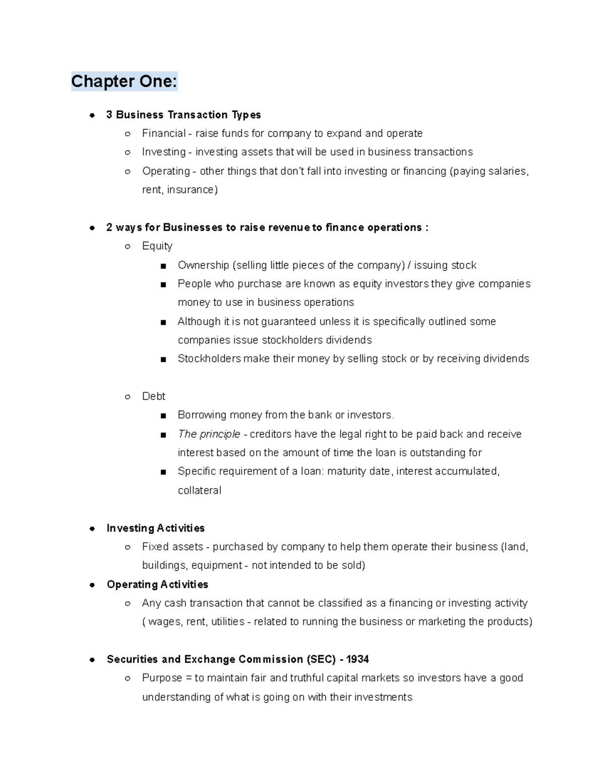 Accounting Notes - final study guide - Chapter One: 3 Business ...