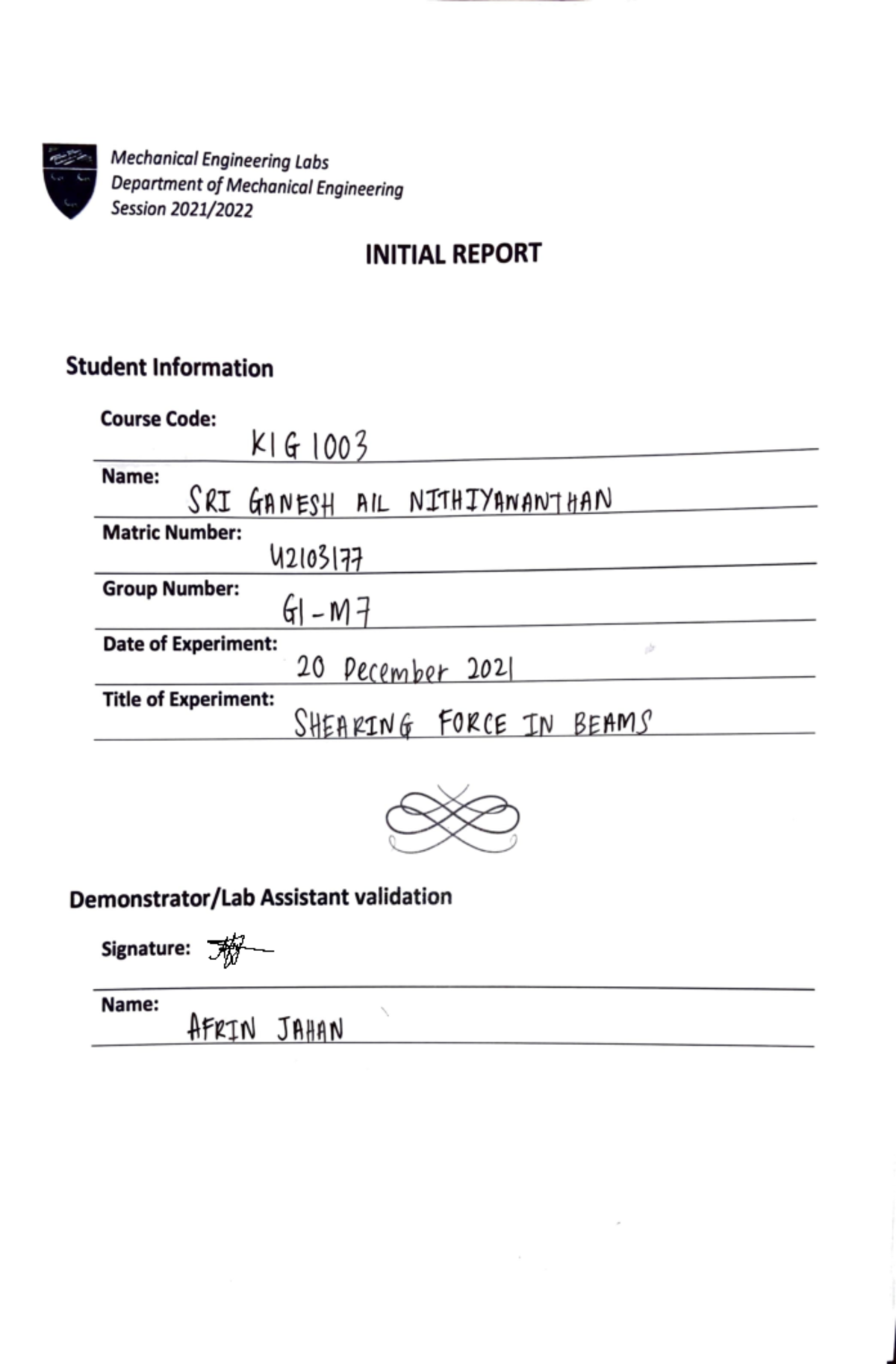 Initial Lab Report U1 Sri Ganesh U2103177 - Mechanical Engineering Labs ...